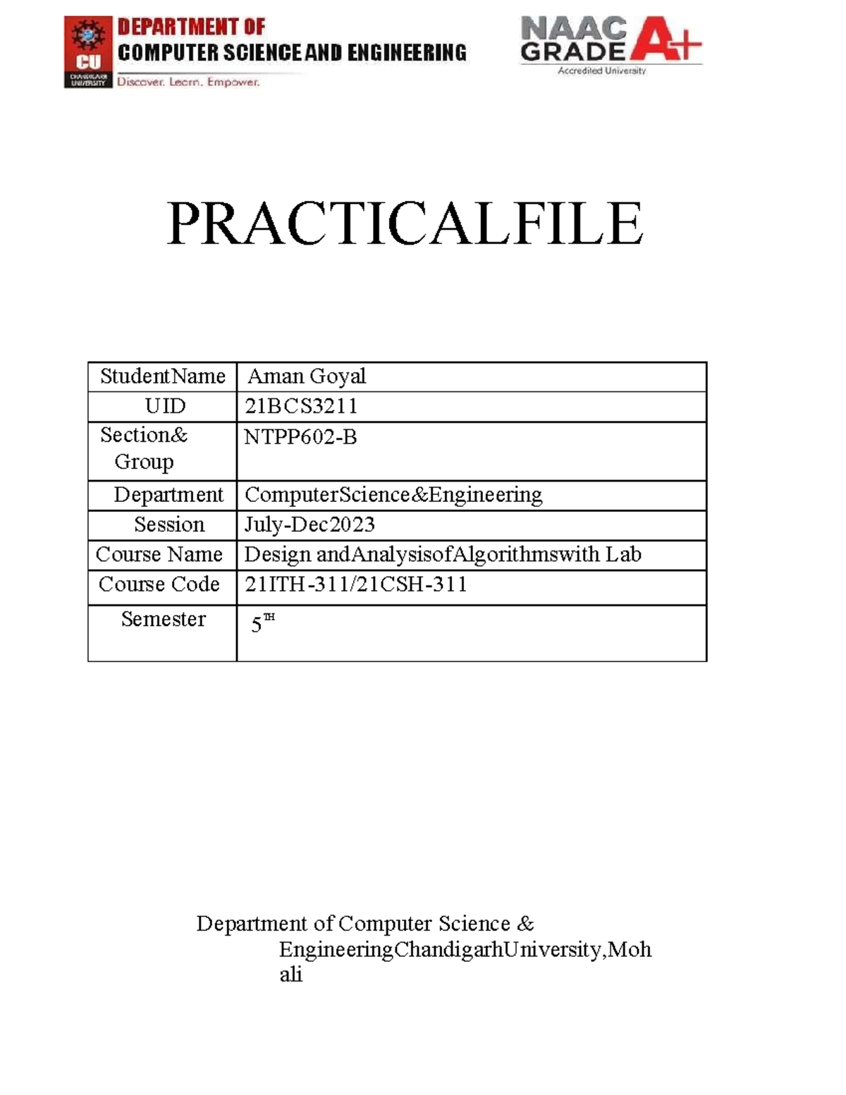 Aman daa - daa assignment for 3rd year cse - PRACTICALFILE StudentName ...