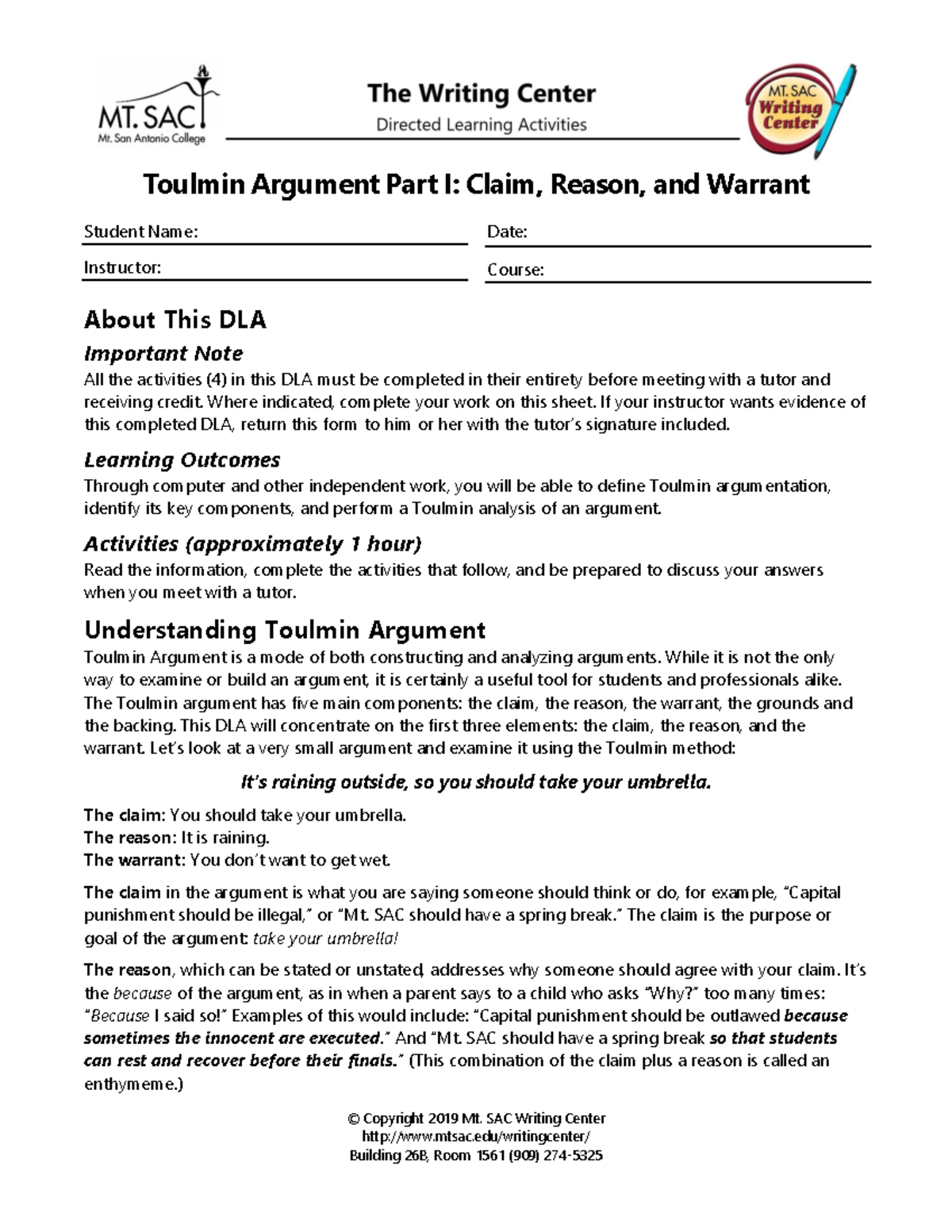 Toulmin argument part i 09-24-2019 - © Copyright 2019 Mt. SAC Writing ...