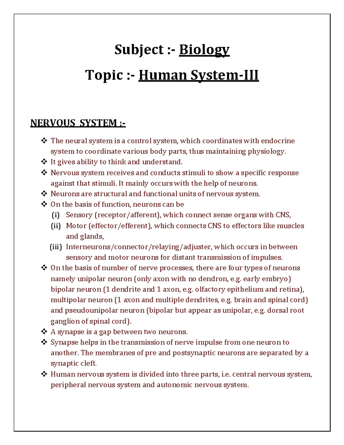 Human System-III-class notes - Subject :- Biology Topic :- Human System ...