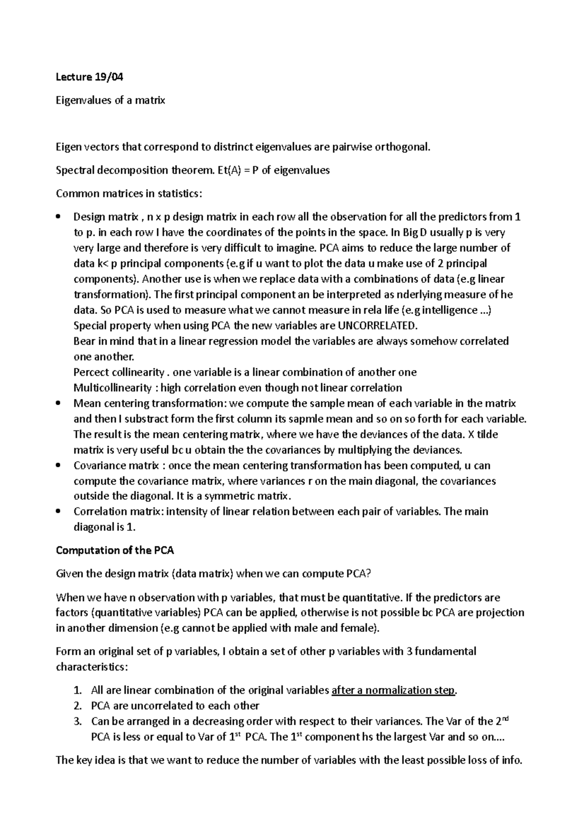 Data Mining Eigenvalues And Eigenvectors For Pca Analysis Lecture 19 Eigenvalues Of A