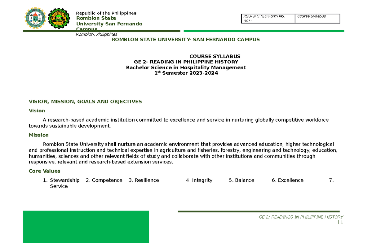 Syllabus-OF-BSHM- Reading-IN-PHIL. Historyfinal - COURSE SYLLABUS GE 2 ...