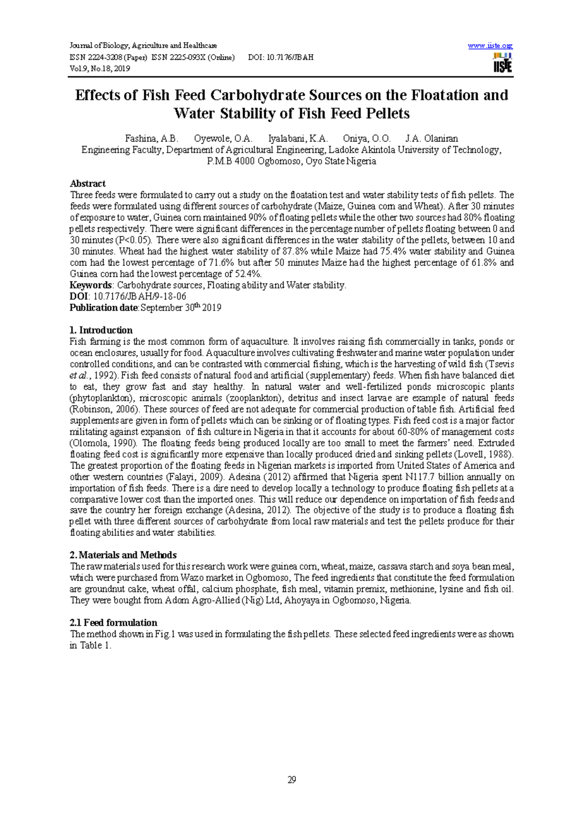 Effects of Fish Feed Carbohydrate Sources on the Floatation and ...