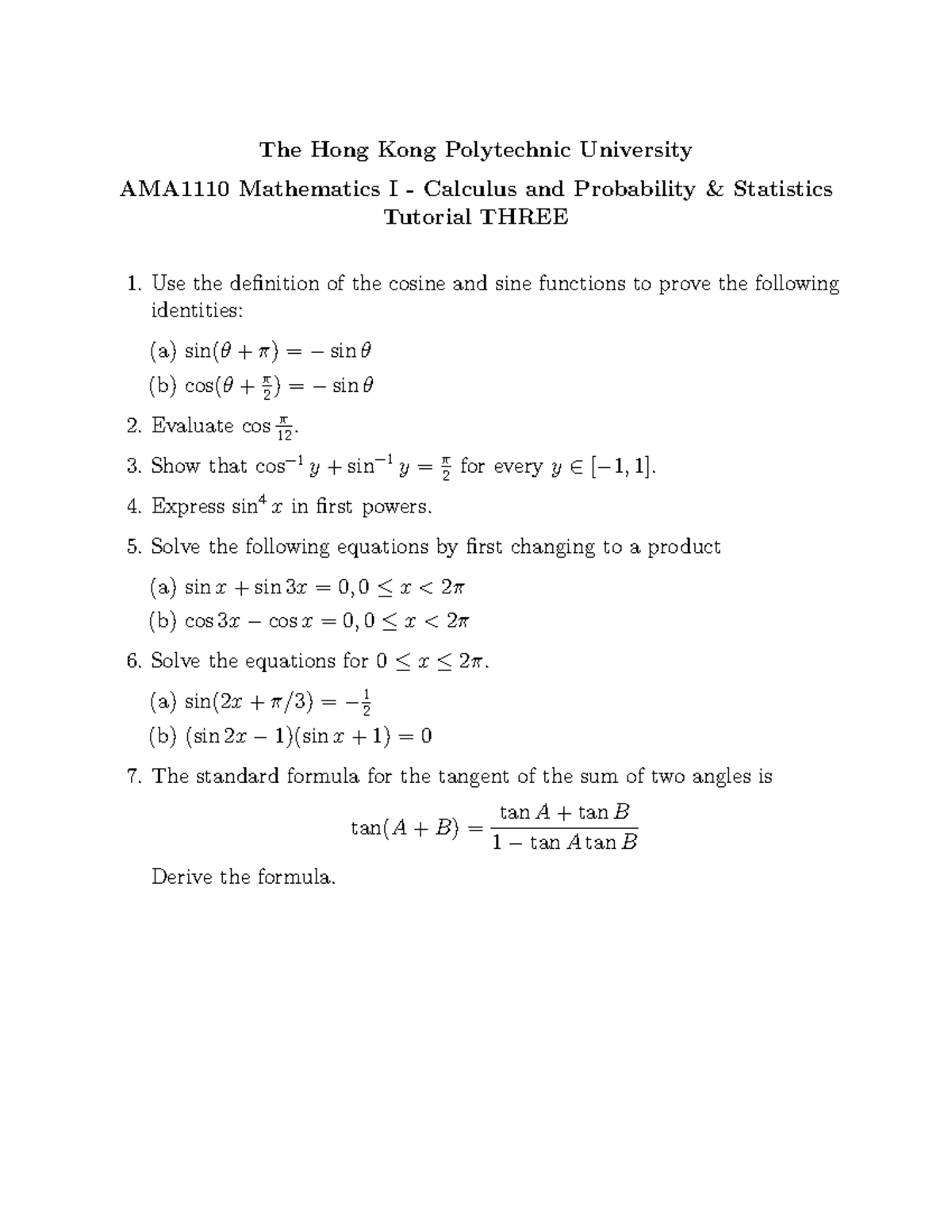 Tut 3 - Solutions of Exercise - The Hong Kong Polytechnic University AMA1110 Mathematics I ...