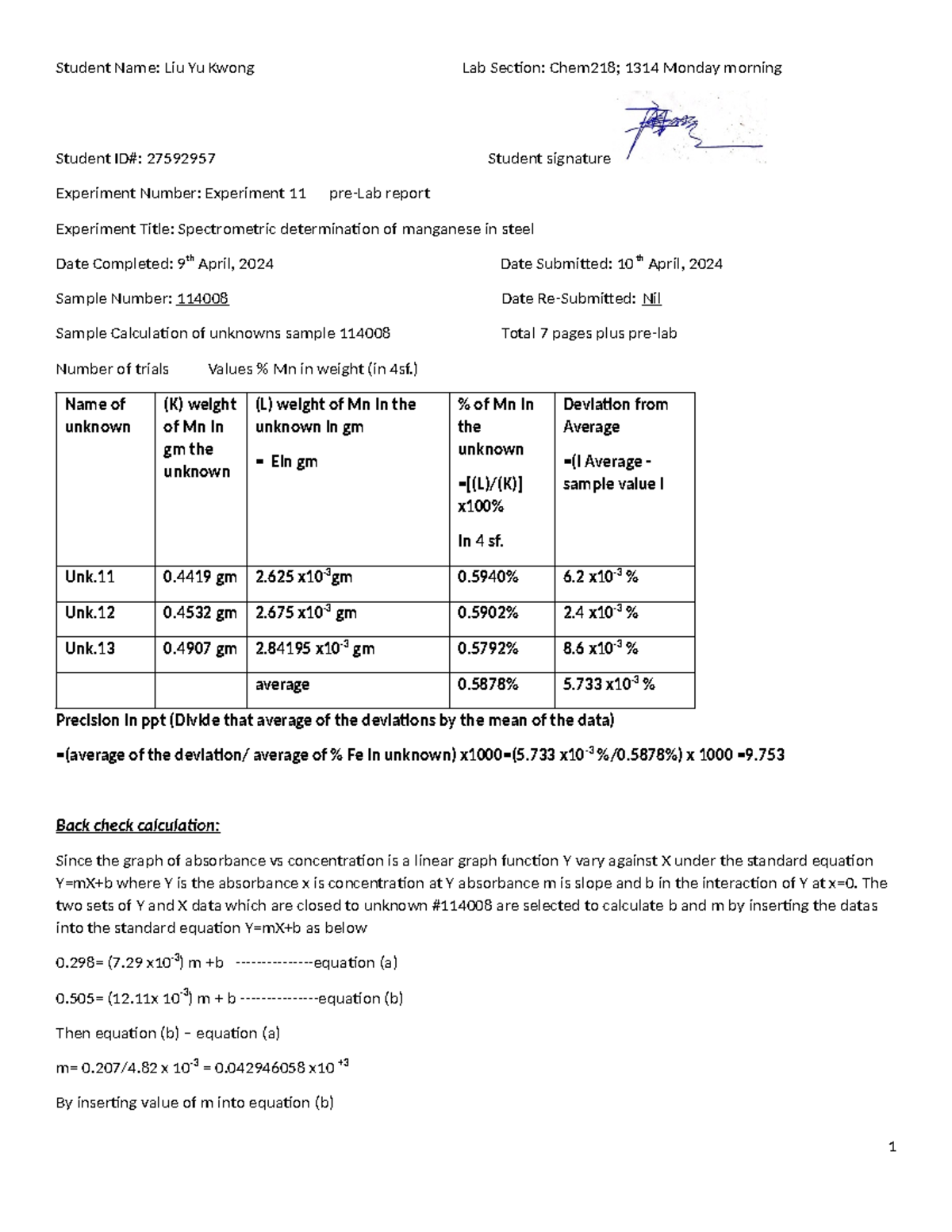 11.Lab report - Student Name: Liu Yu Kwong Lab Section: Chem218; 1314 ...