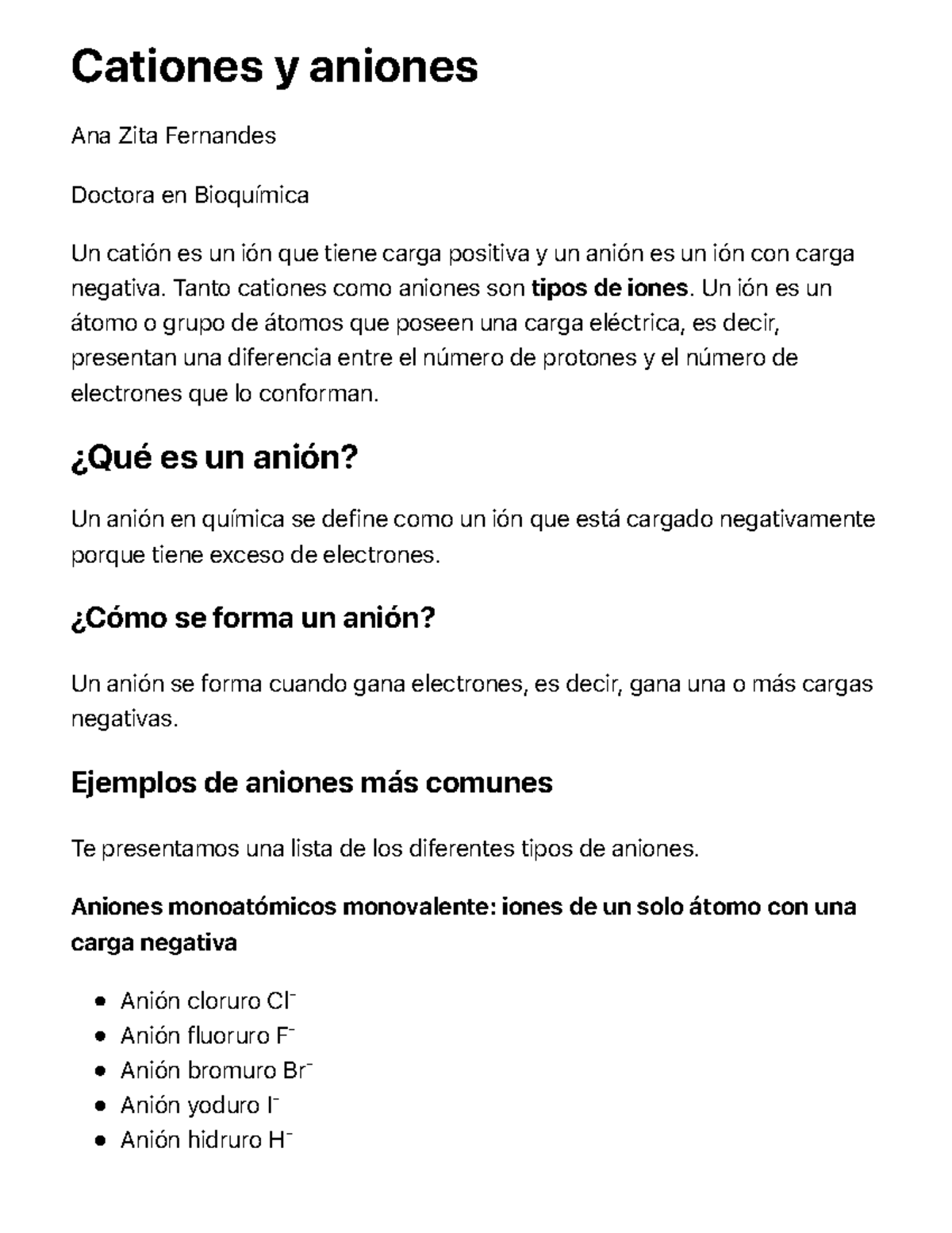 Cationes y aniones - Cationes y aniones Ana Zita Fernandes Doctora en ...