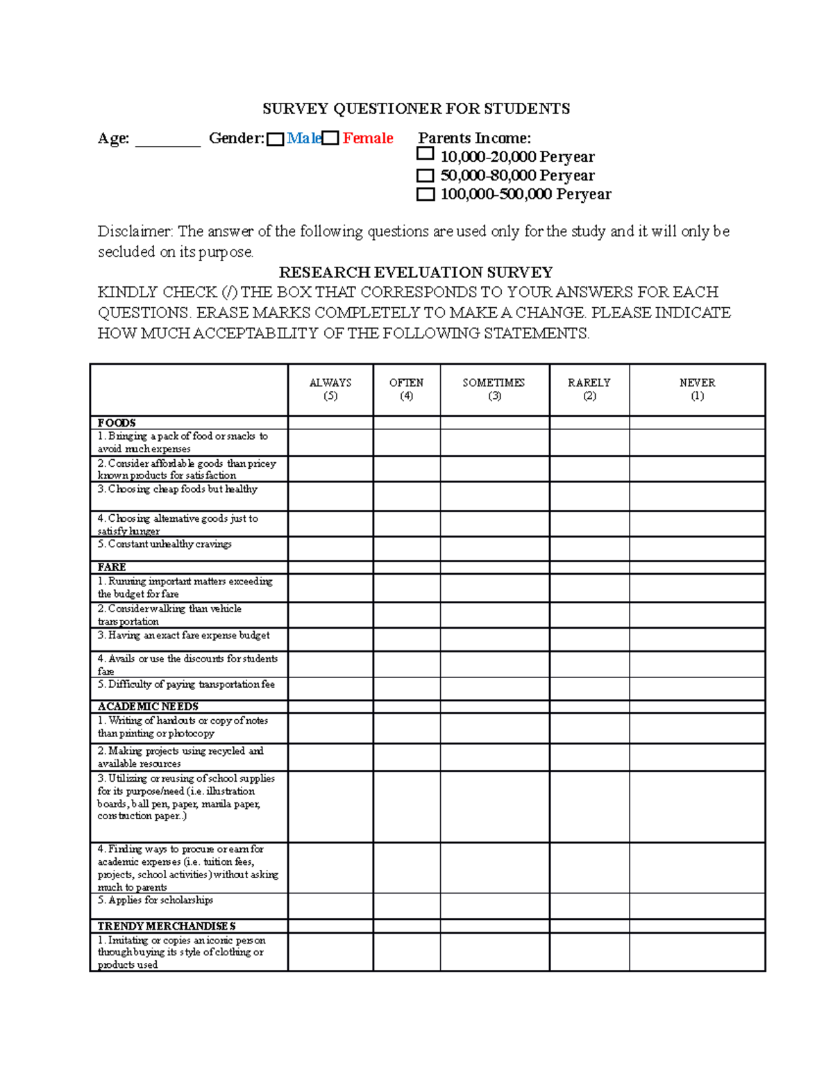 Survey Questioner FOR Students - SURVEY QUESTIONER FOR STUDENTS Age ...
