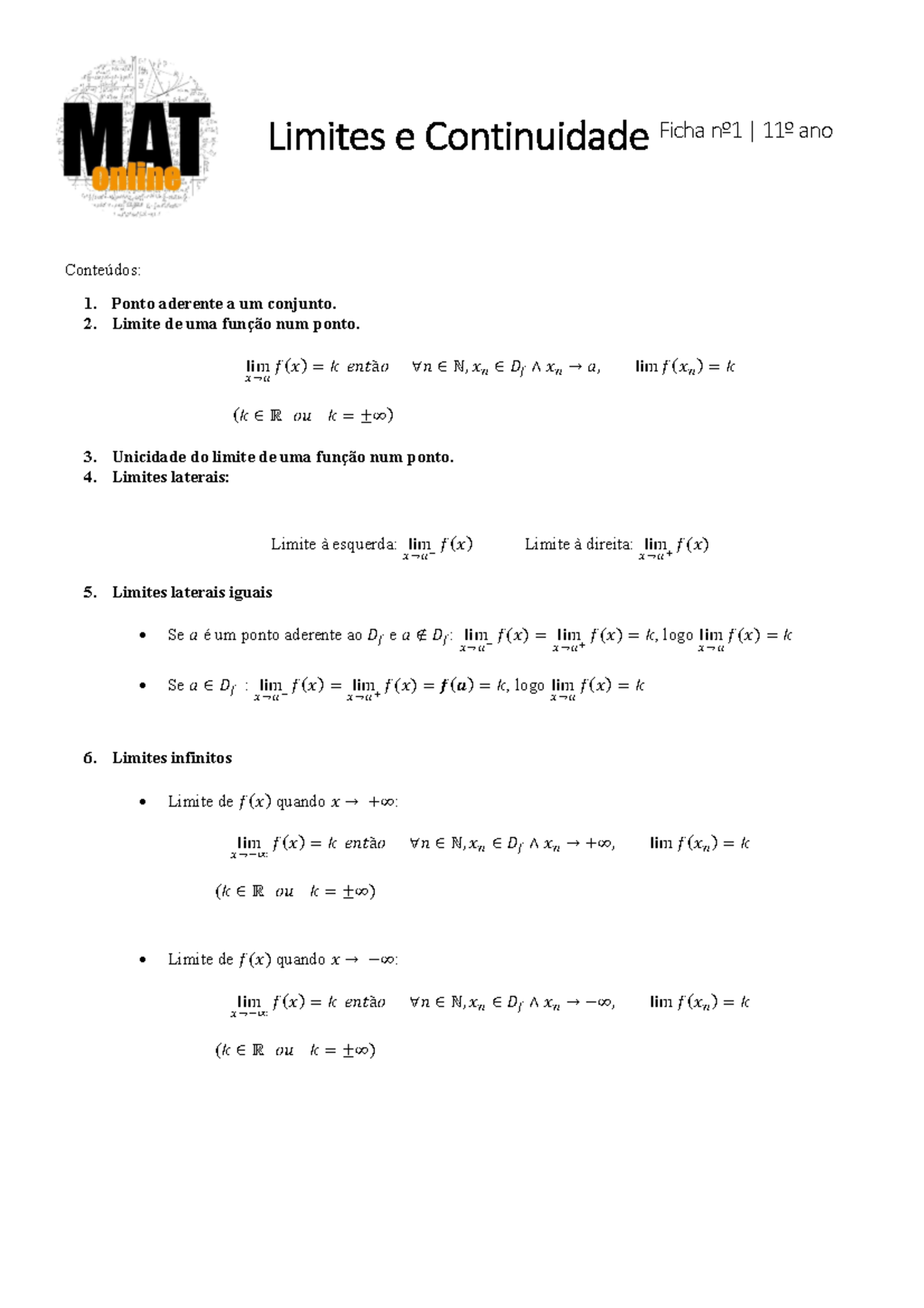 1 Limites E Continuidade Ficha Nº1 Ponto Aderente A Um Conjunto 2