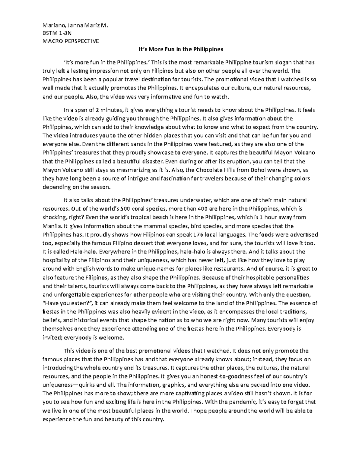 Reflection-paper - All about tourism - Mariano, Janna Mariz M. BSTM 1 ...