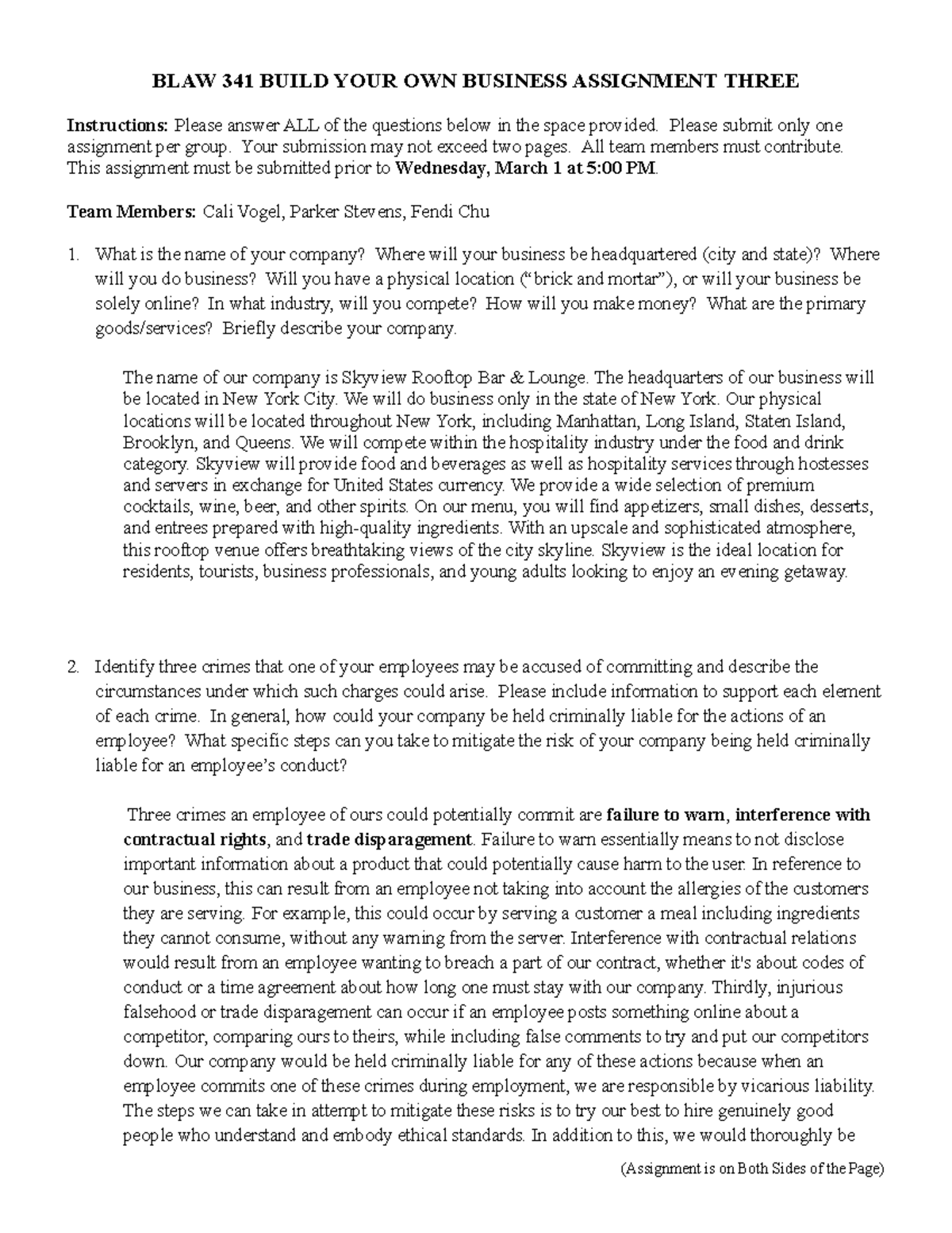Build Your Own Business Assignment Three - BLAW 341 BUILD YOUR OWN ...
