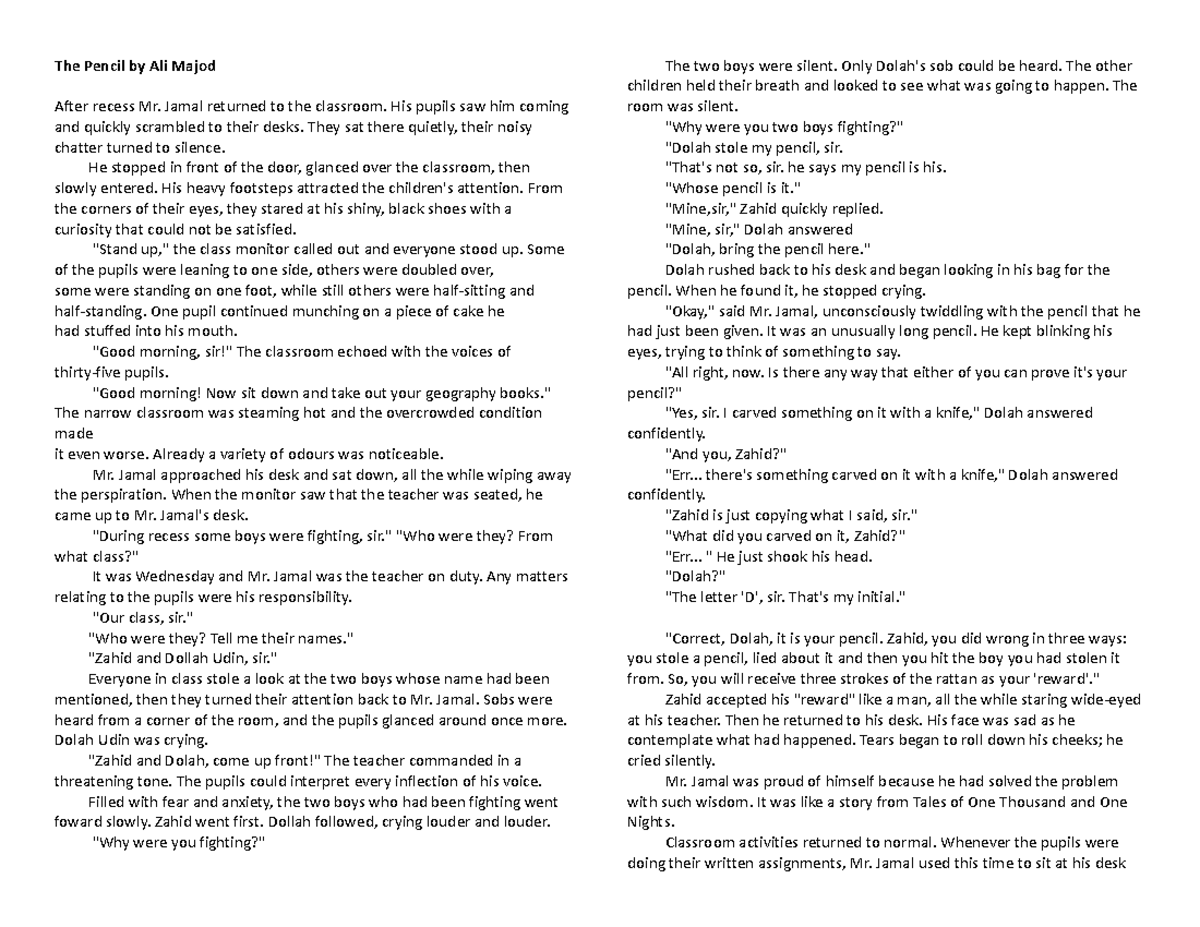 THE Pencil - The Pencil by Ali Majod After recess Mr. Jamal returned to ...