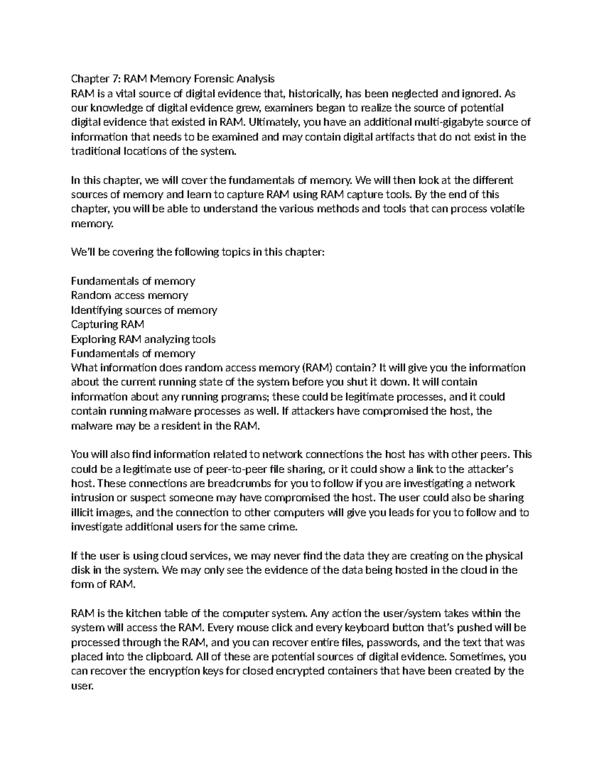 Chapter 7 without figure images - Chapter 7: RAM Memory Forensic Analysis RAM is a vital source ...