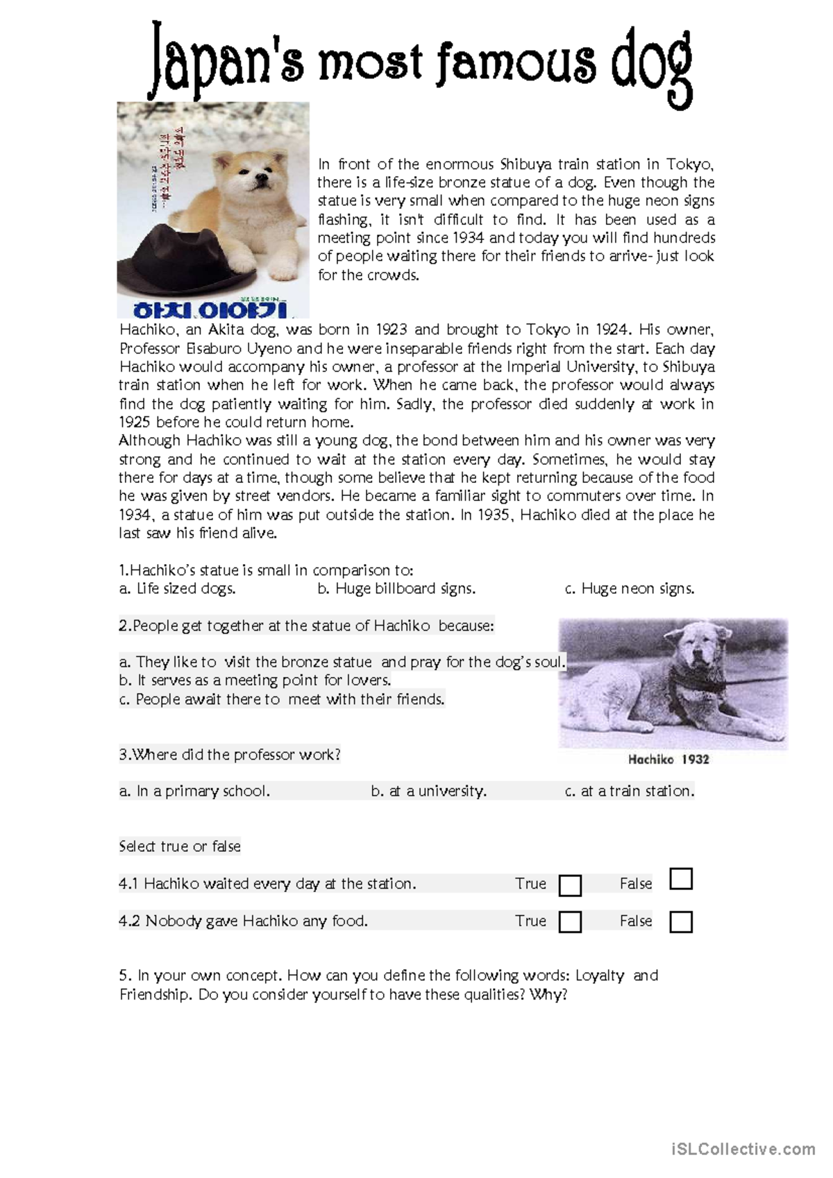 Hachiko Reading comprehension - In front of the enormous Shibuya train ...