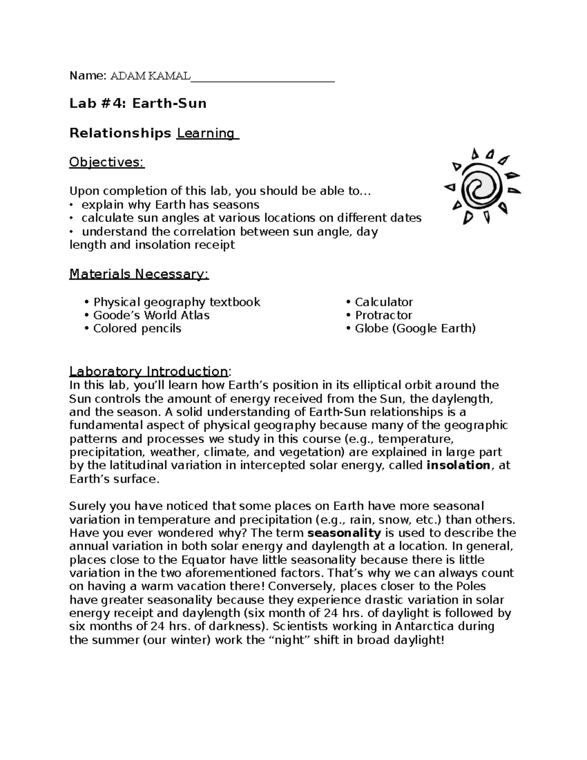 04 - Earth-Sun Relationships - Name: ADAM KAMAL ...