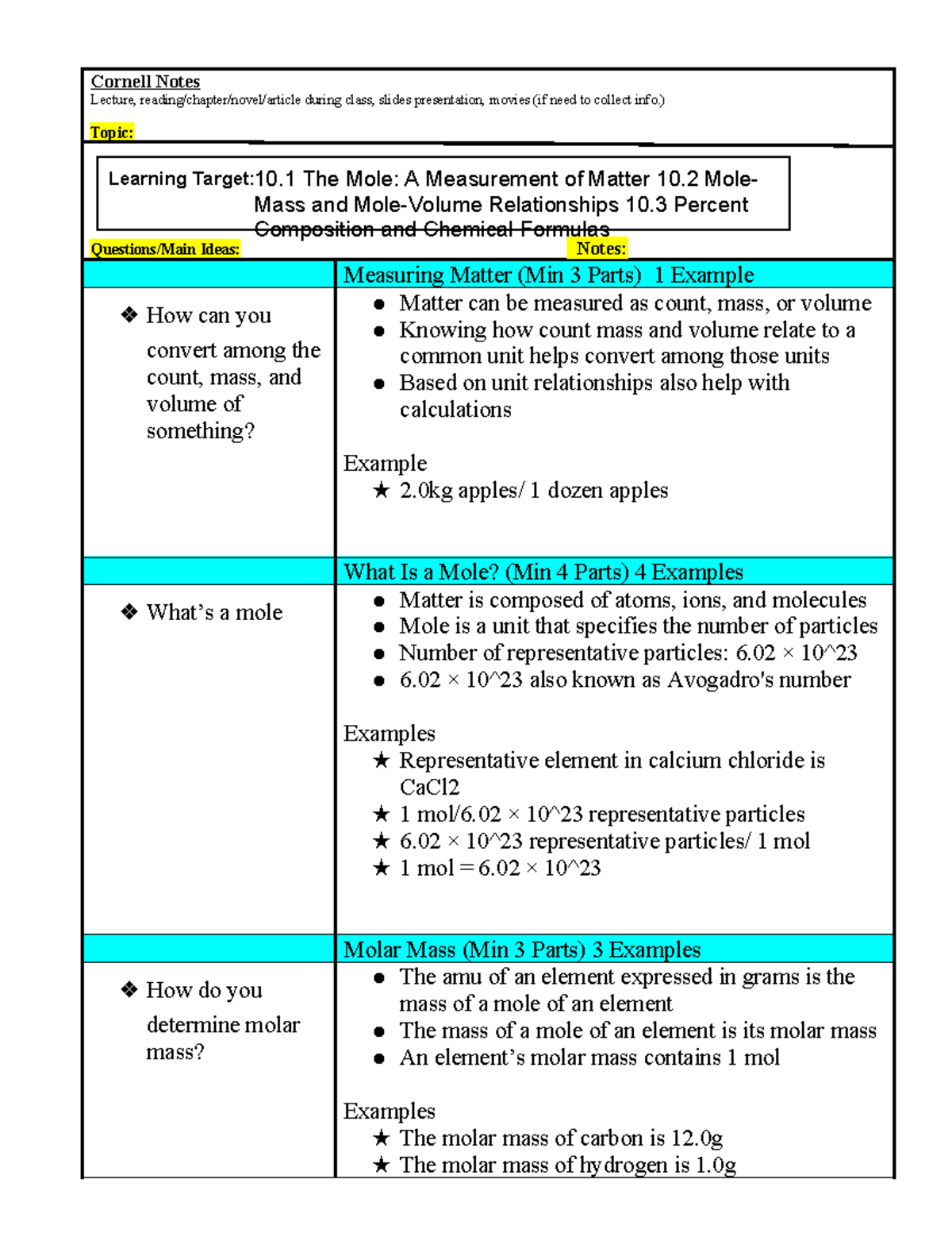 The Mole A Measurement of Matter Cornell Notes - Cornell Notes Lecture ...