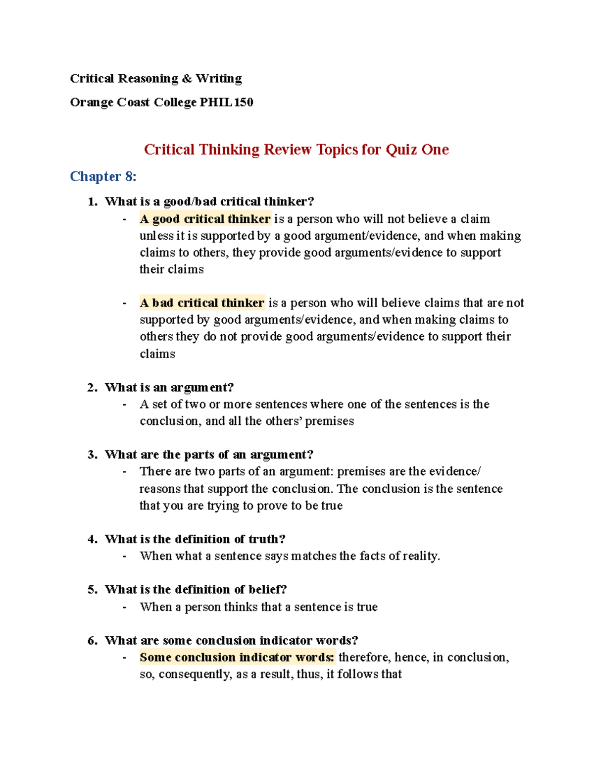 Critical Thinking Review Topics for Quiz One.docx - Critical Reasoning ...