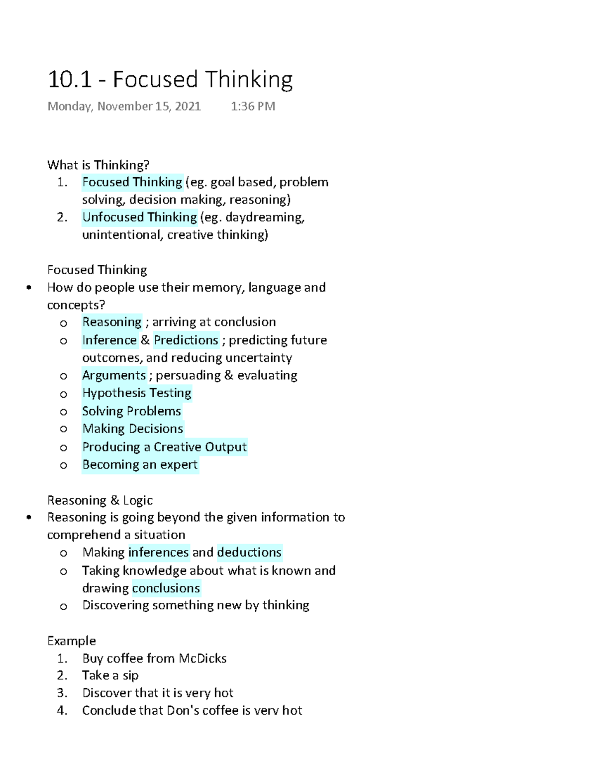 10.1 - Focused Thinking - What is Thinking? Focused Thinking (eg. goal ...