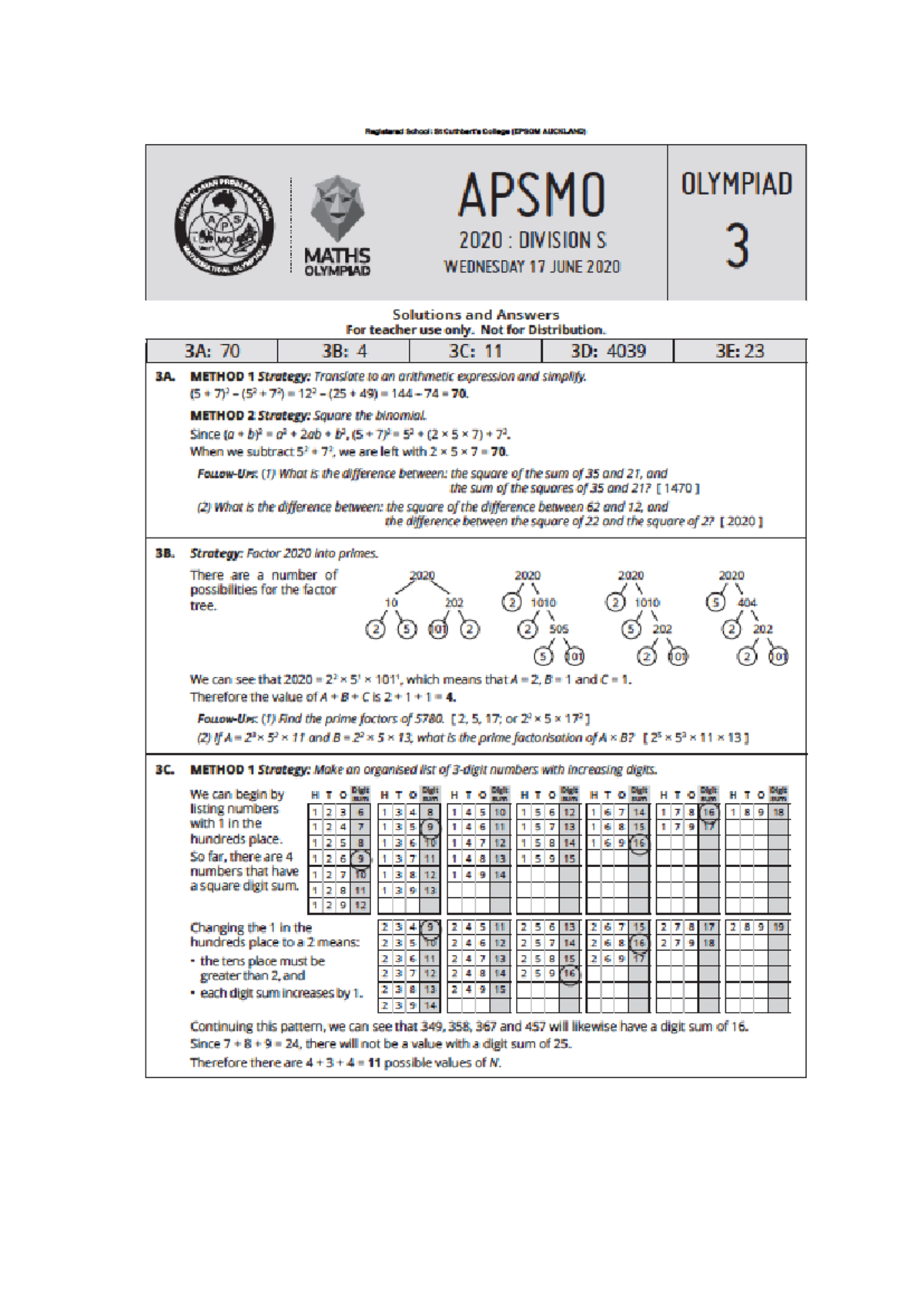 Apsmo Set 3 2020 Solutions - Registered School: as College (EPSOM ...