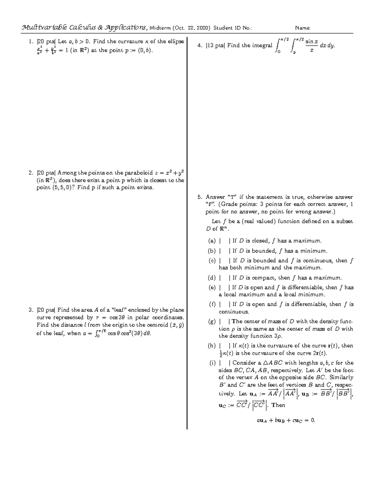 2020 Mid Term - Multivariable Calculus & Applications, Midterm (Oct. 22 ...
