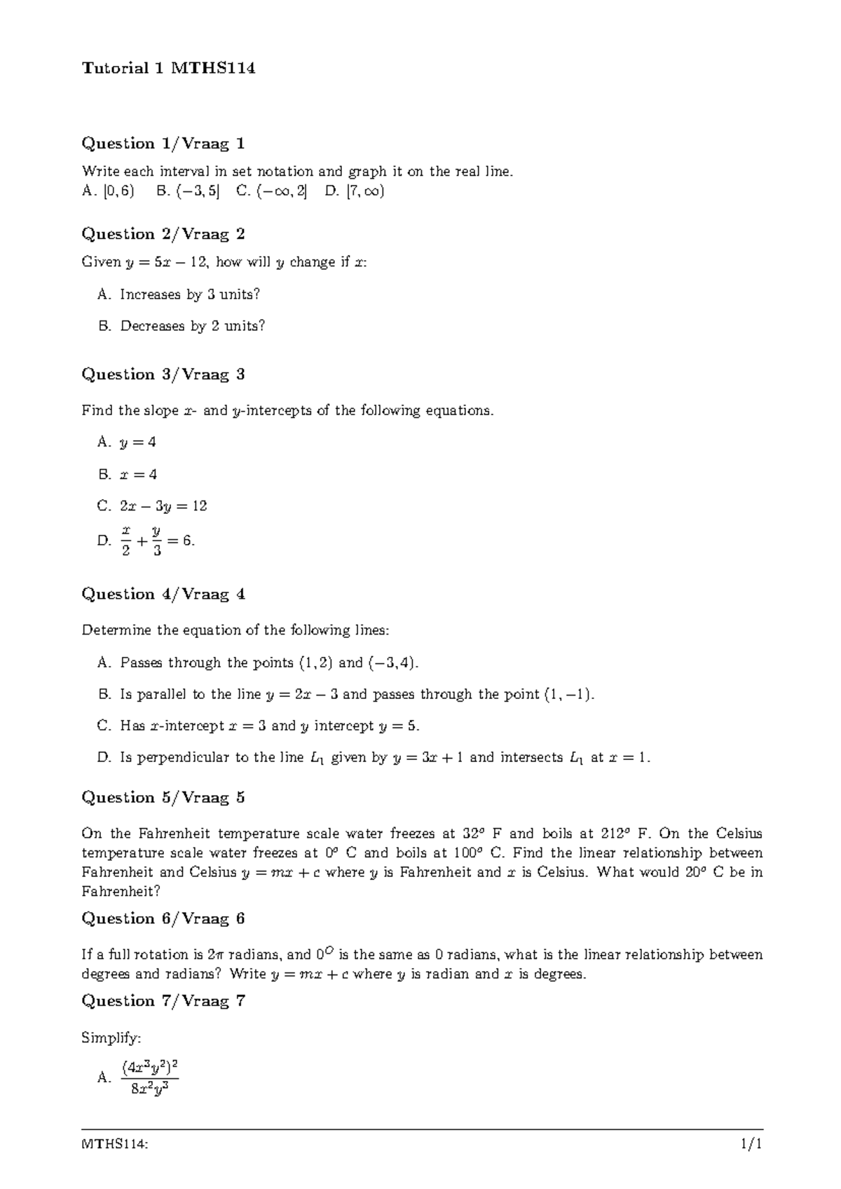 MTHS114 Week 1 Tut 2023 - Tutorial 1 MTHS Question 1/Vraag 1 Write each interval in set notation ...