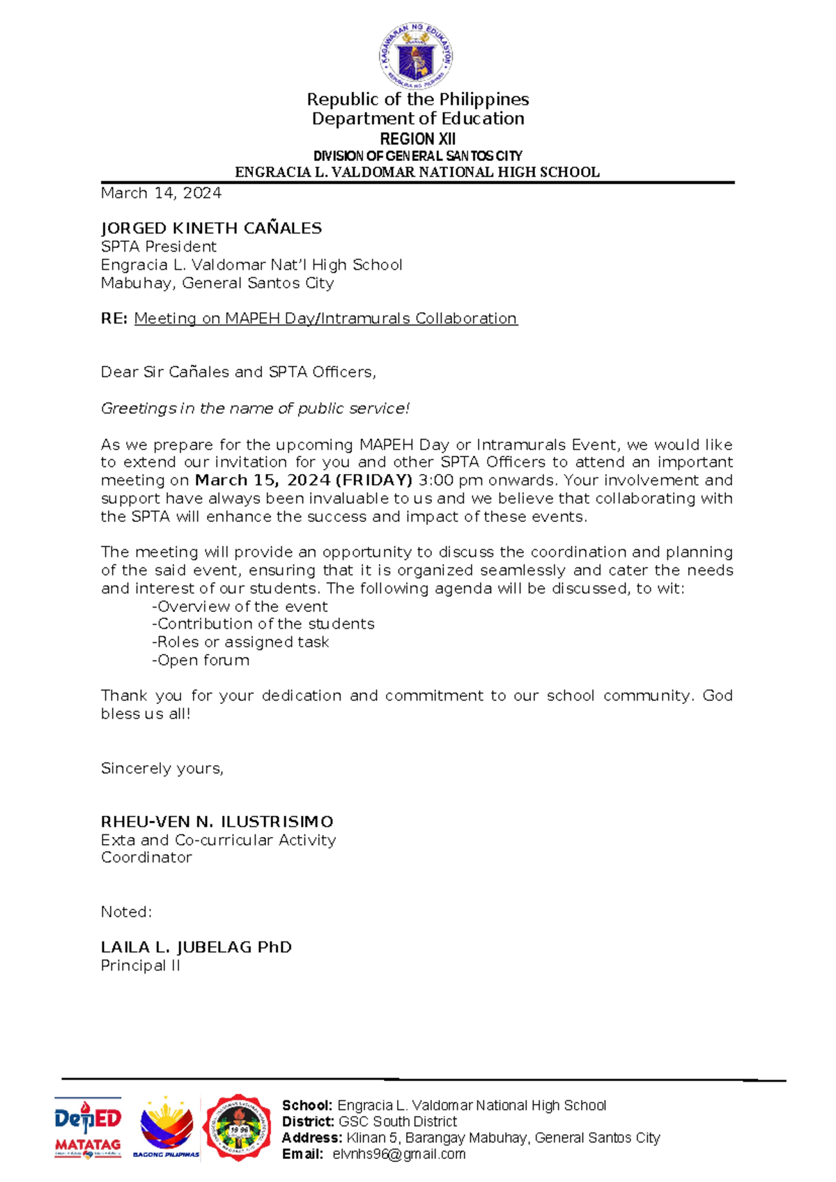 Letter-spta - PHYSICAL EDUCATION AND HEALTH - School: Engracia L ...