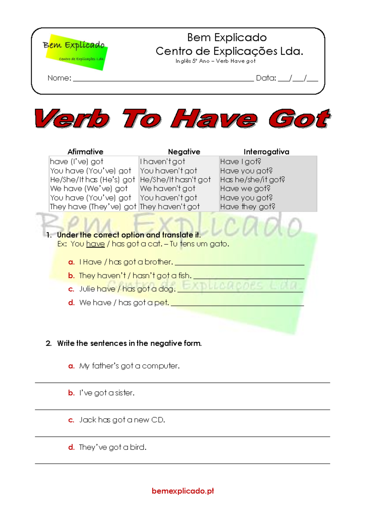 Ficha de Trabalho - Verb Have Got - bemexplicado Bem Explicado Centro ...