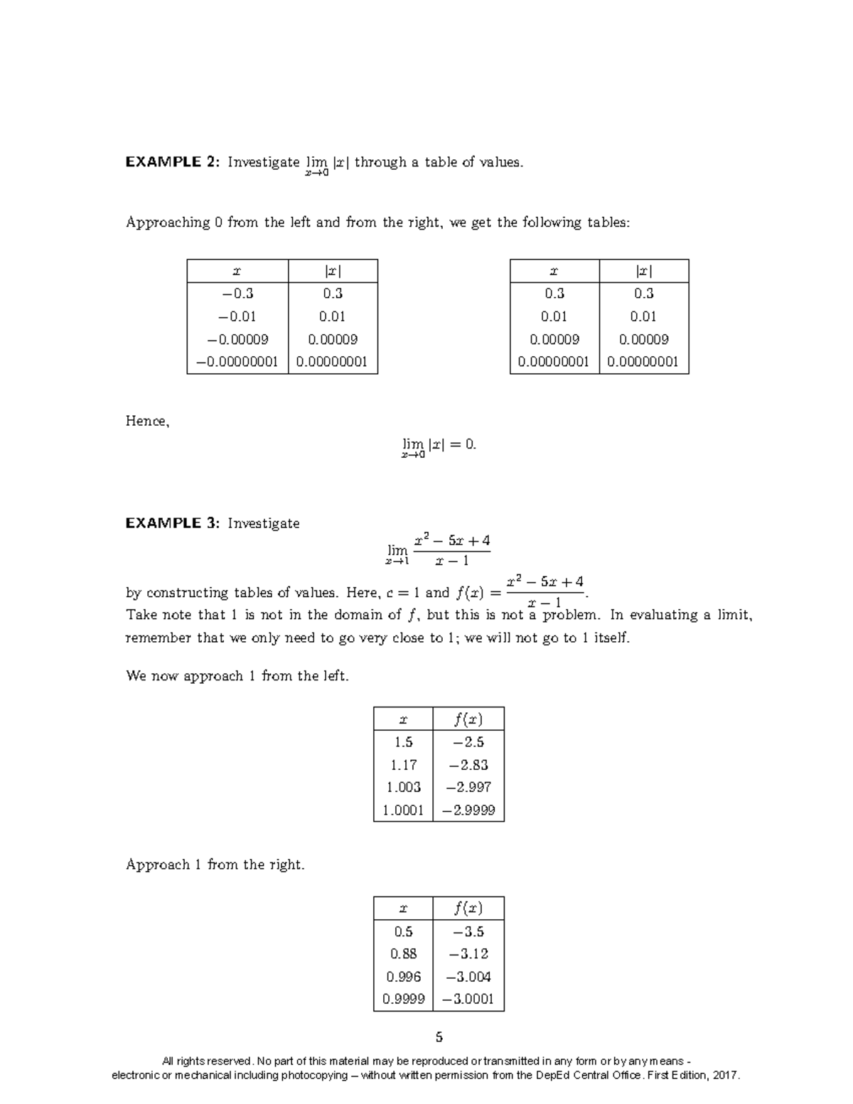 Example Functions - EXAMPLE 2: Investigate lim x→ 0 |x| through a table ...