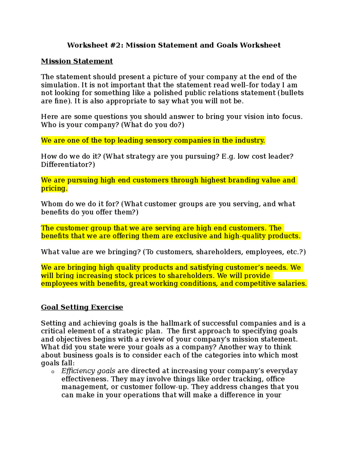 Ferris Worksheet #2 - Worksheet #2: Mission Statement and Goals ...
