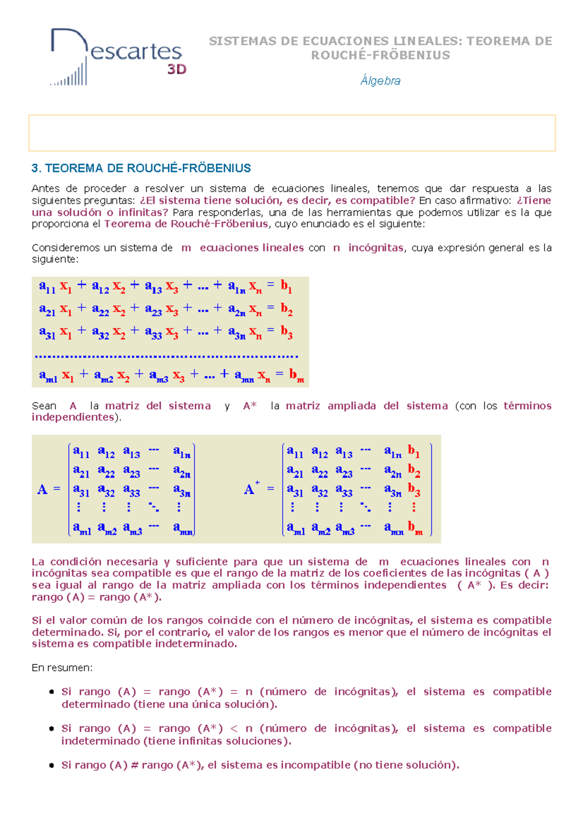 Teorema de Rouche-Frobenius - SISTEMAS DE ECUACIONES LINEALES: TEOREMA DE ROUCHÉ-FRÖBENIUS ...