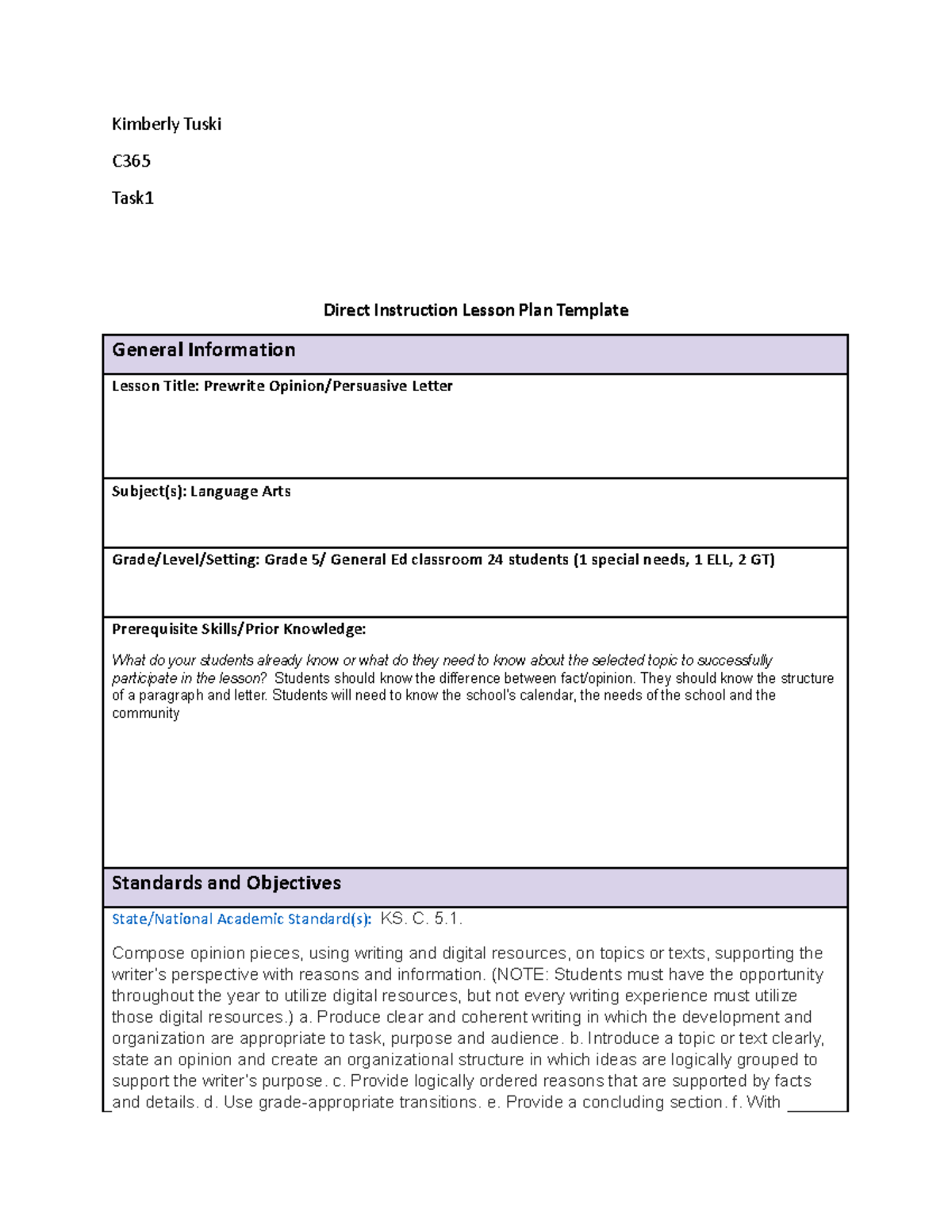 Lp direct instruction lesson plan Task 1 - Kimberly Tuski C Task Direct ...