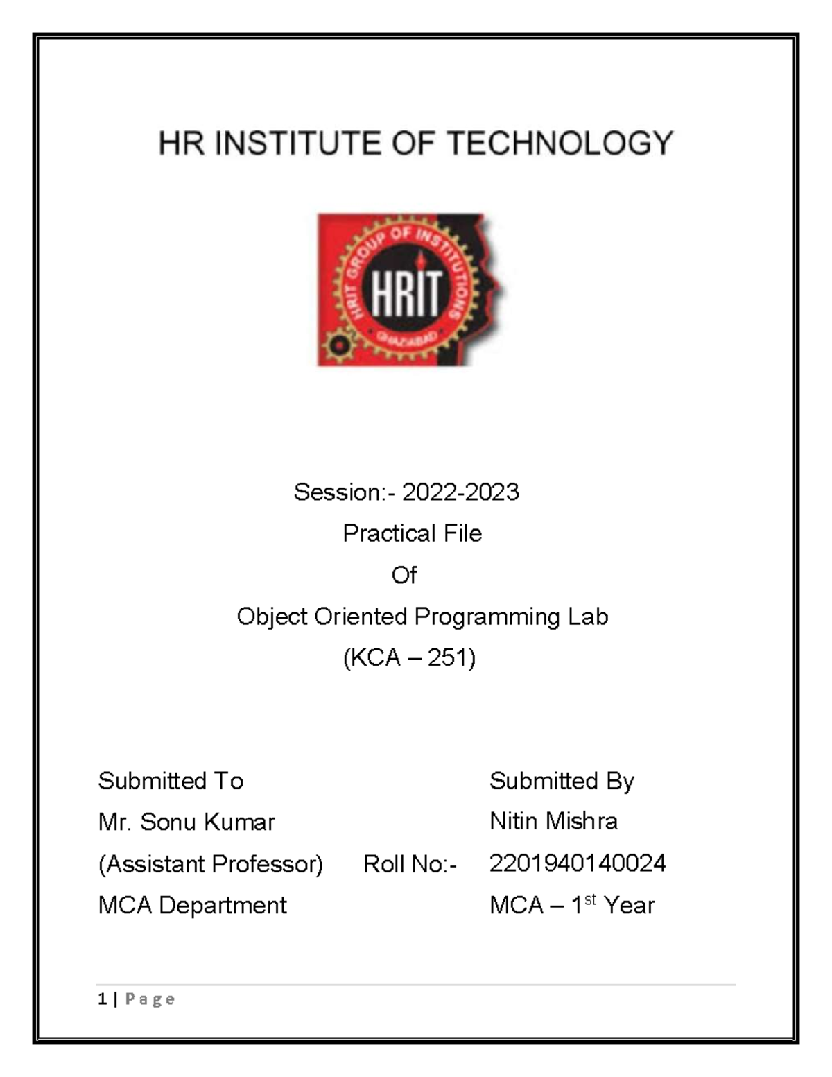 Nitin - Session:- 2022- Practical File Of Object Oriented Programming Lab (KCA – 251) Submitted ...