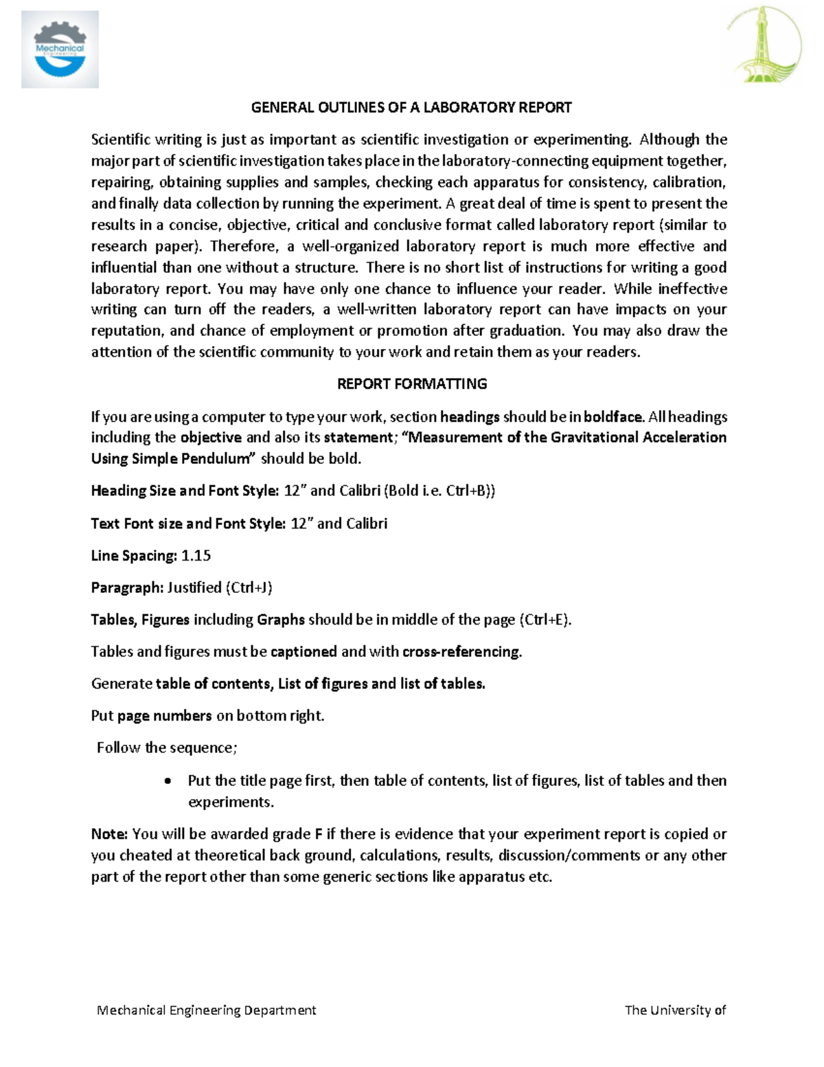 Outlines for Laboratory Report - Mechanical engineering - UOL - Studocu