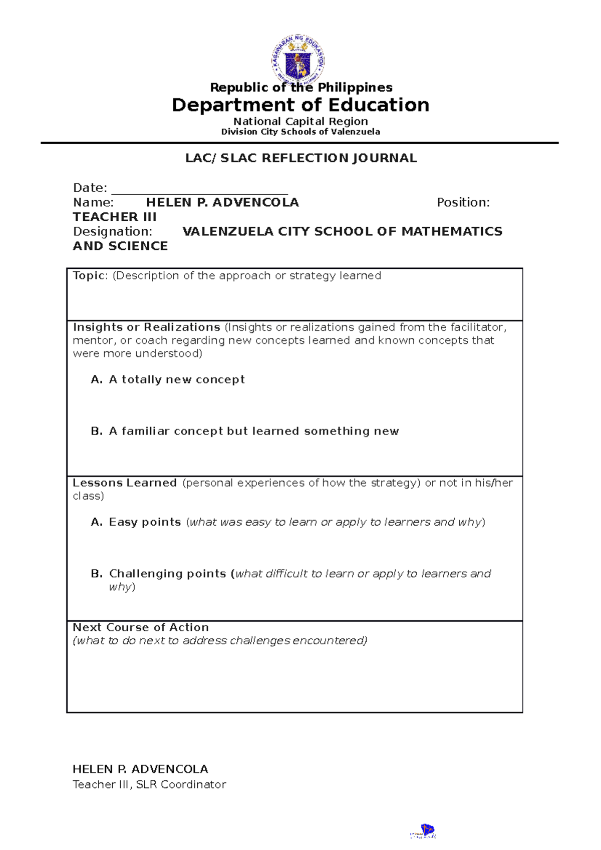 LAC Reflection Journal form - Republic of the Philippines Department of ...