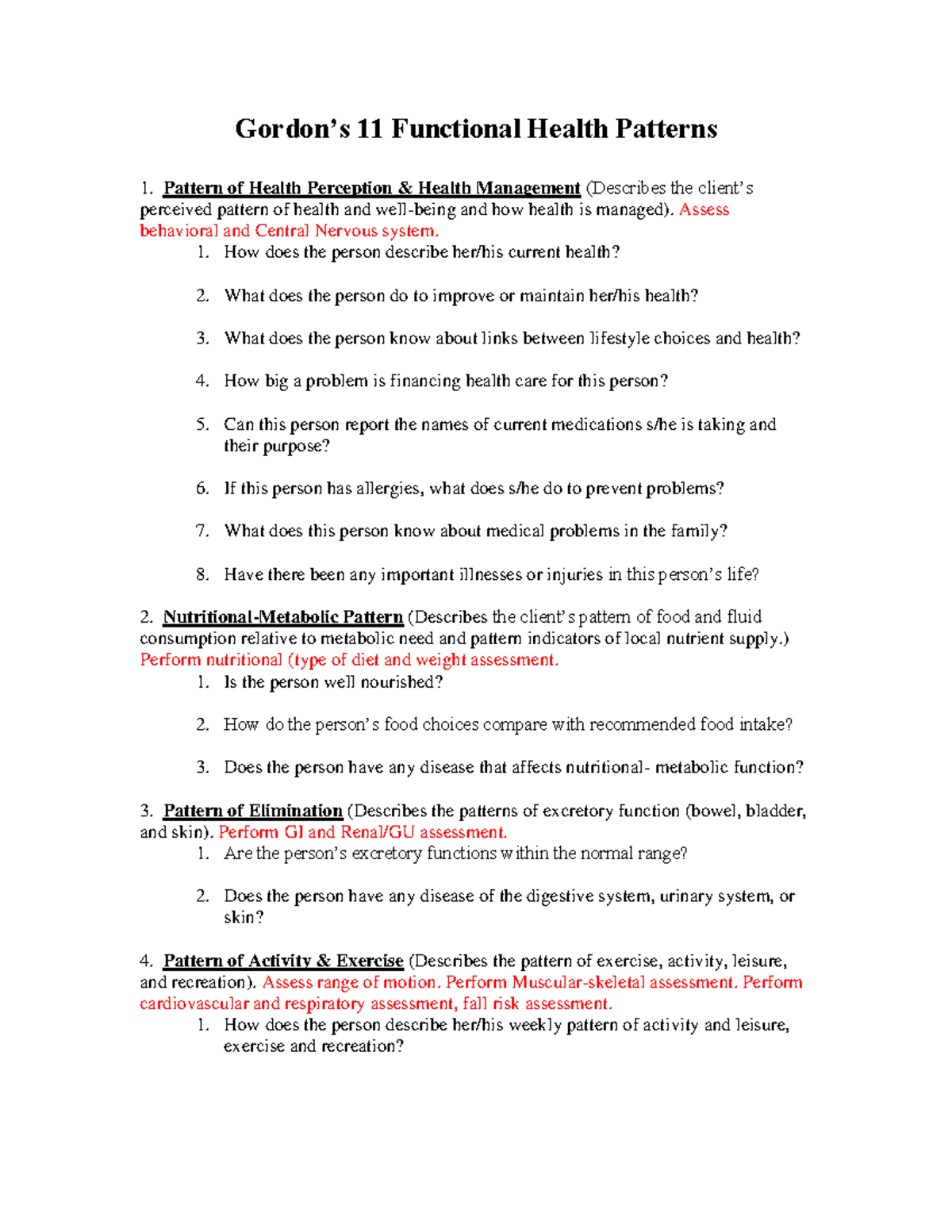 Gordons 11 Functional Health Patterns 1 - Gordon’s 11 Functional Health ...