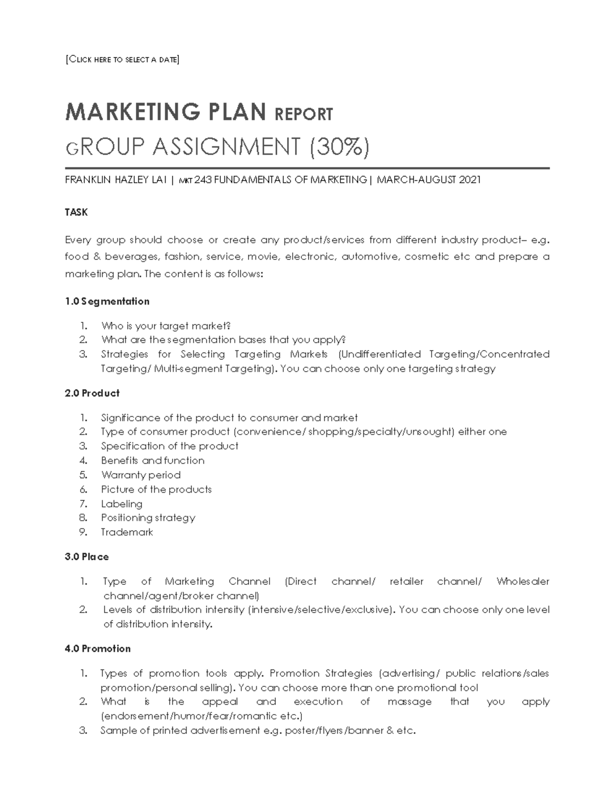 Marketing PLAN Report AND Presentation Guidelines - [CLICK HERE TO ...