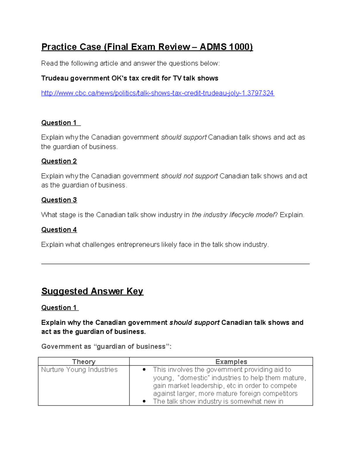 Final Exam - Practice Case 1 and Solutions - Practice Case (Final Exam ...