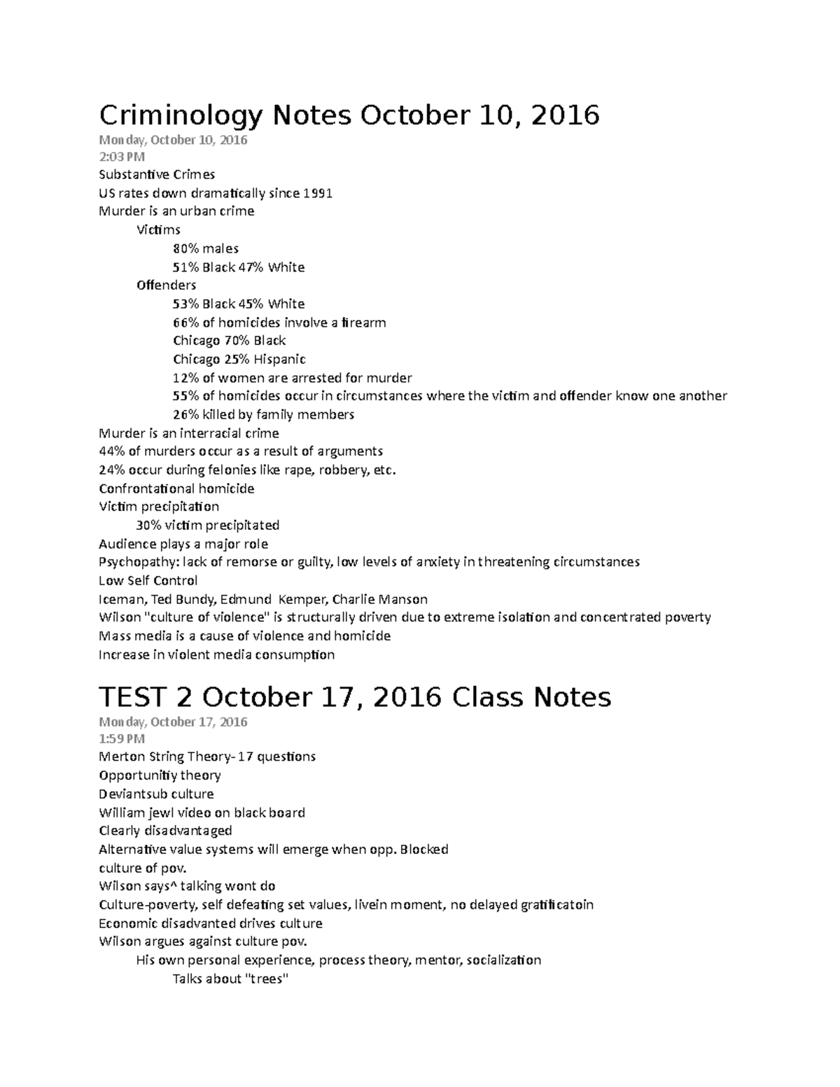CLJ101 - fall, Test Answers for Test 2 - Greg Matoesian - Criminology ...