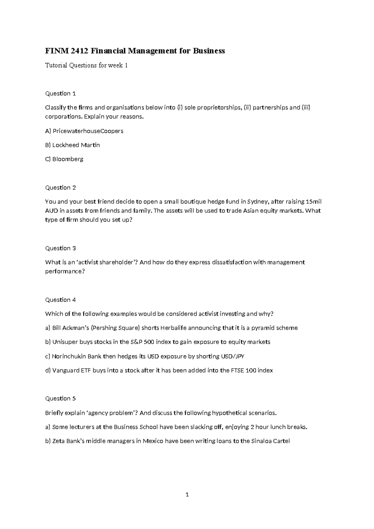 Week 1 Tutorial Questions - FINM 2412 Financial Management for Business ...