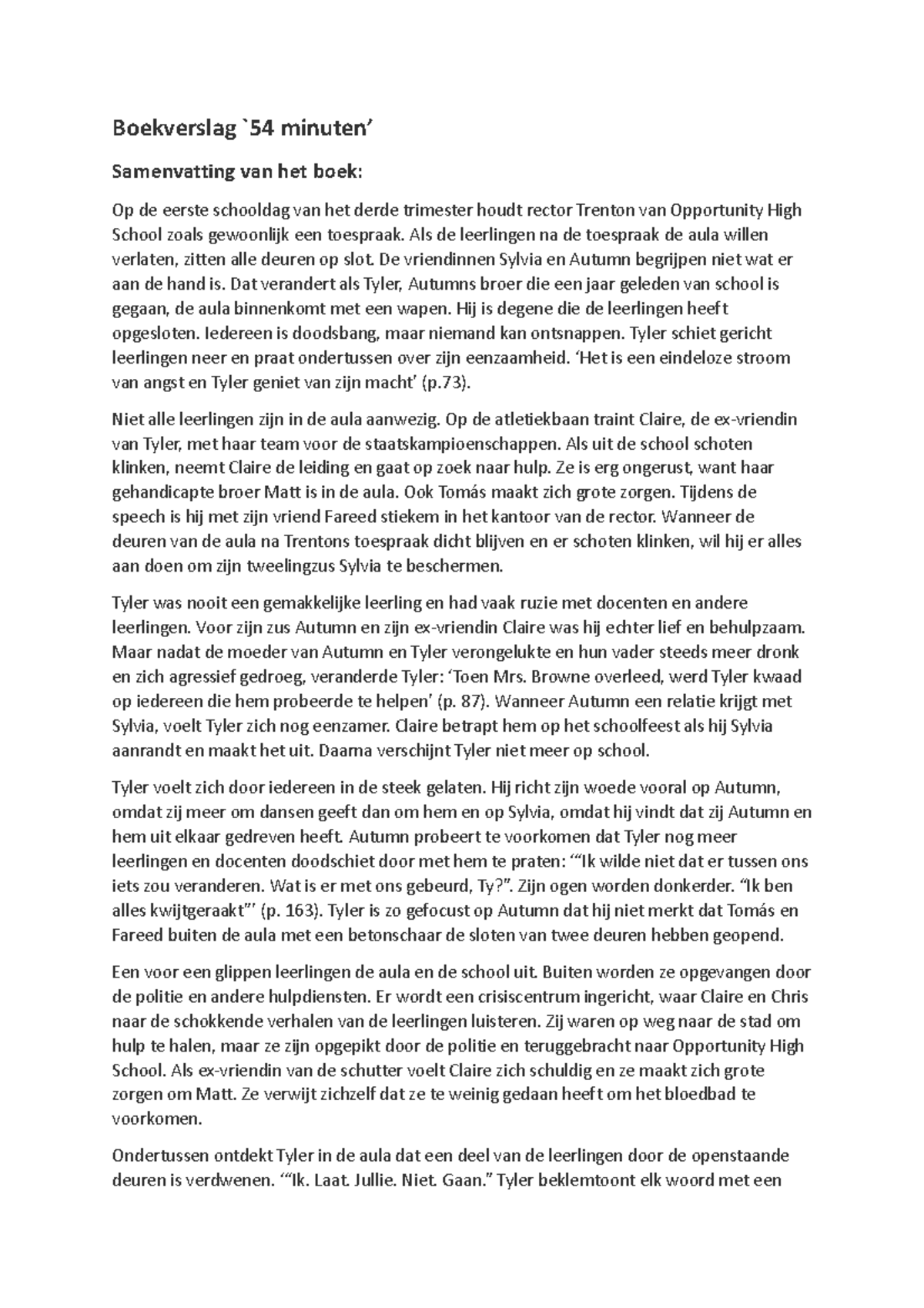 Boekverslag 54 minuten - Boekverslag `54 minuten’ Samenvatting van het ...