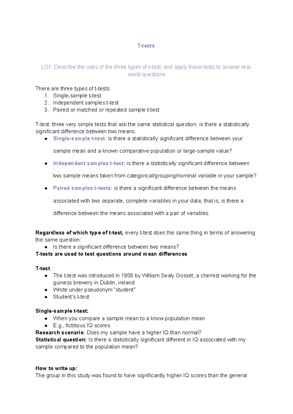 T-tests - T-tests - T-tests LO1: Describe the uses of the three types ...