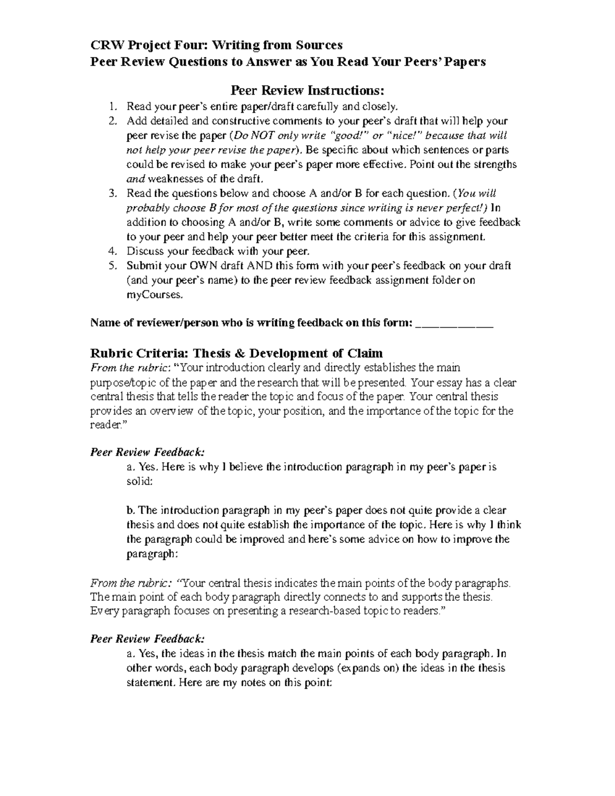 Peer Review Sheet Project 4 Writingfrom Sources - CRW Project Four ...