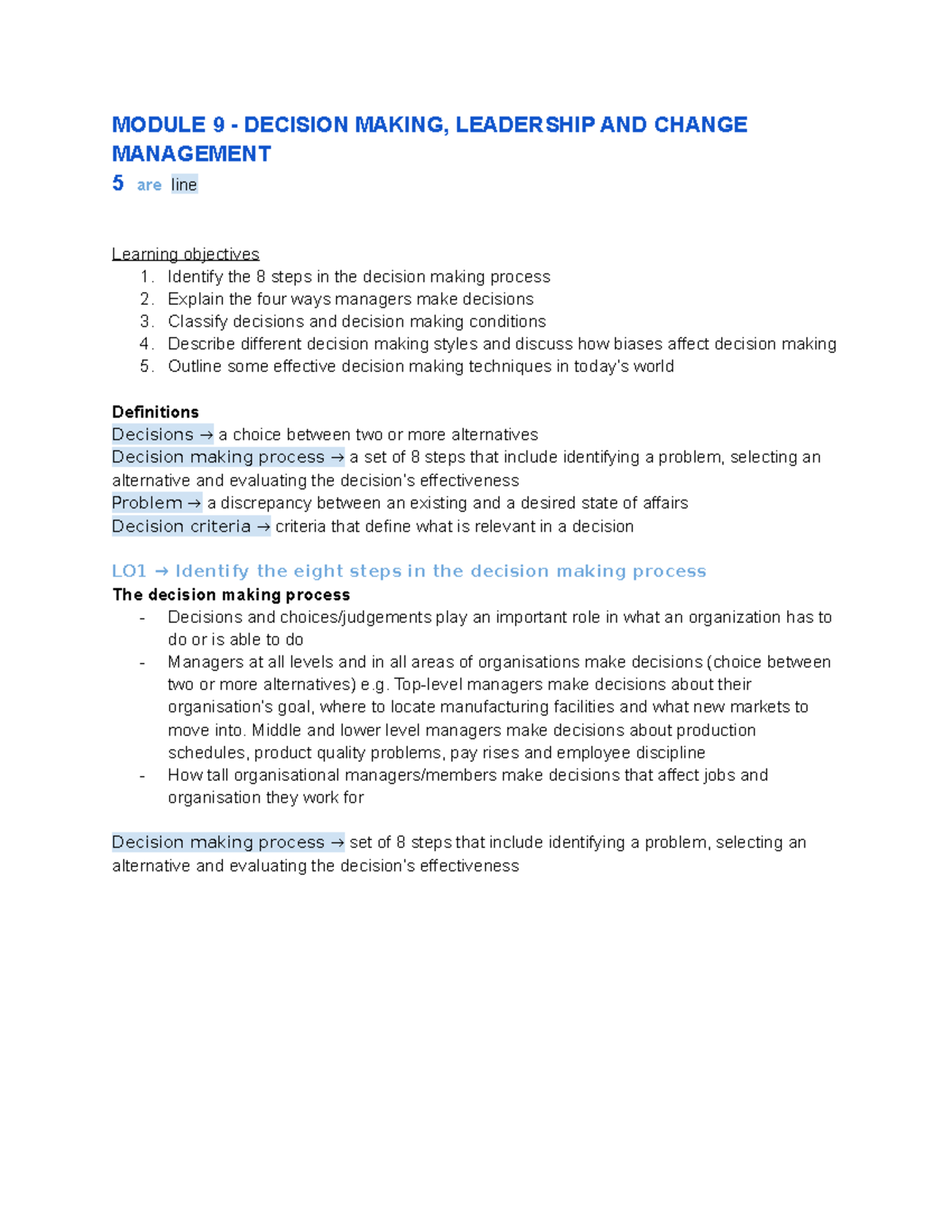 El notes week 9 - MODULE 9 - DECISION MAKING, LEADERSHIP AND CHANGE ...