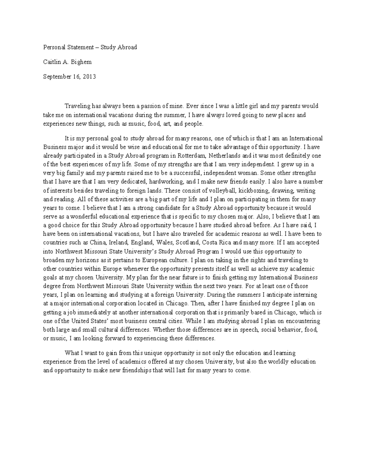 248750342 Study Abroad Essay docx - Personal Statement – Study Abroad ...