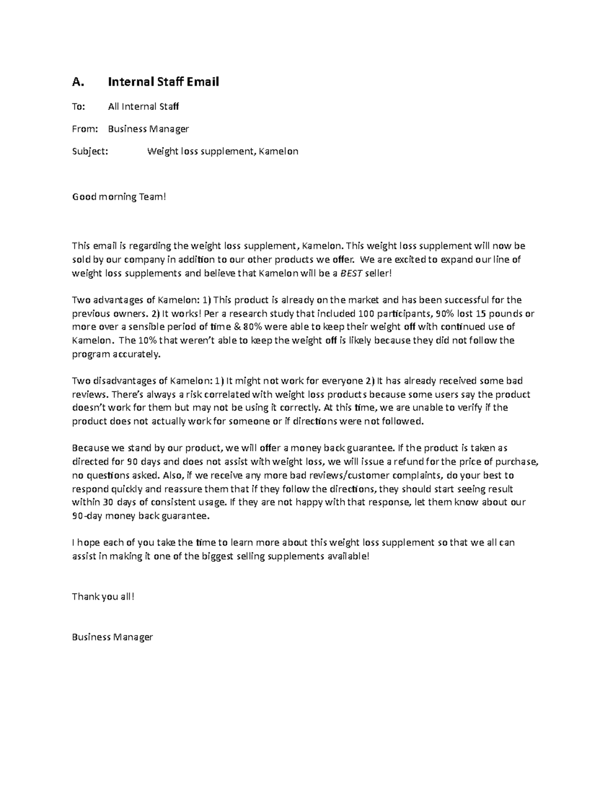 C204 Task 1 - Pass - A. Internal Staff Email To: All Internal Staf From ...