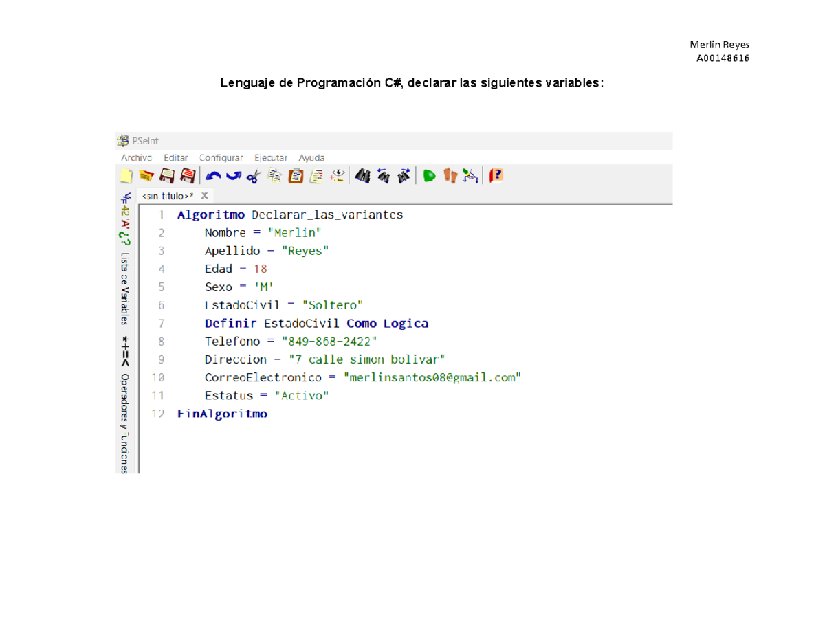 Trabajando con variables merlin Reyes 1 - Biologia general - Merlin ...