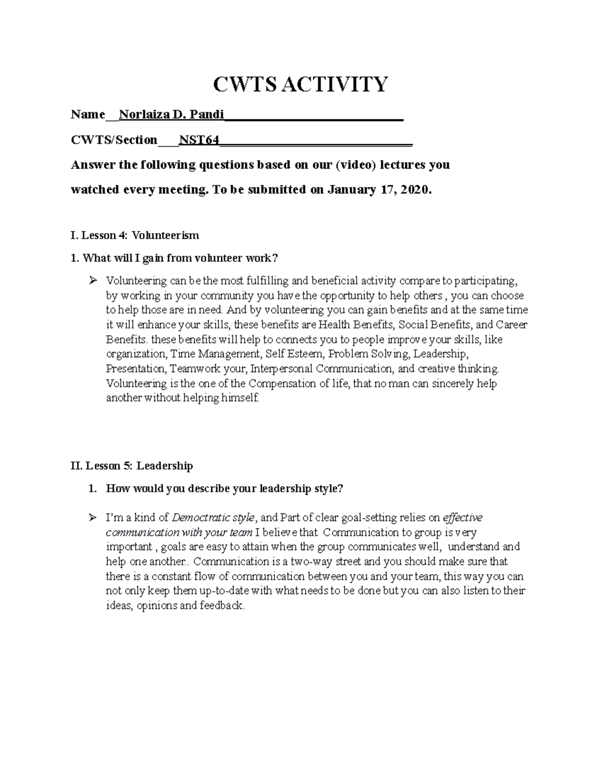 Cwts exam - My notes - CWTS ACTIVITY Name__Norlaiza D. Pandi ...