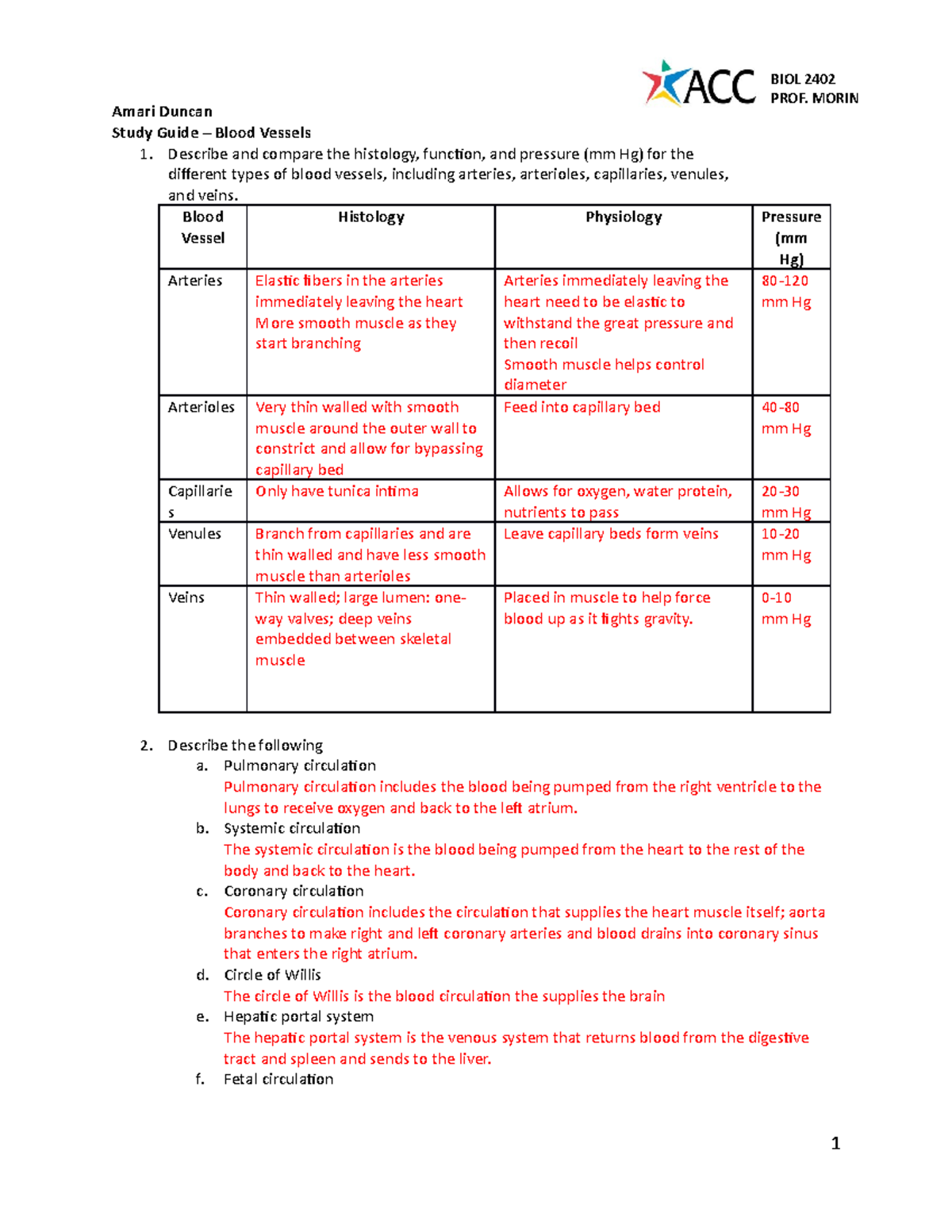 BIOL 2402 Study Guide Ch 19 Blood Vessels - PROF. MORIN Amari Duncan ...