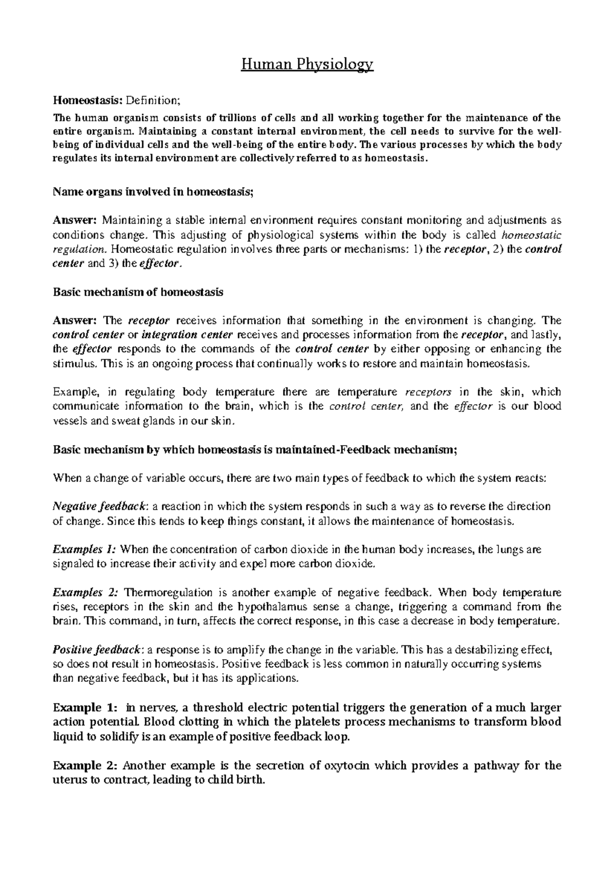 Human Physiology - bio lecture notes - Human Physiology Homeostasis ...