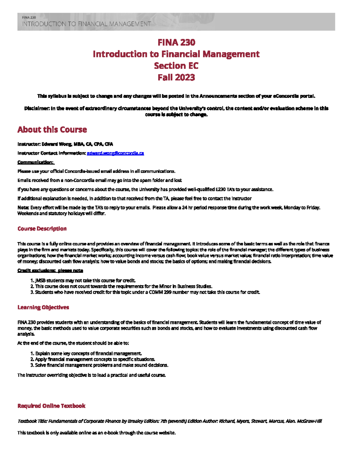 FINA 230 Course Outline - FINA 230 - Studocu