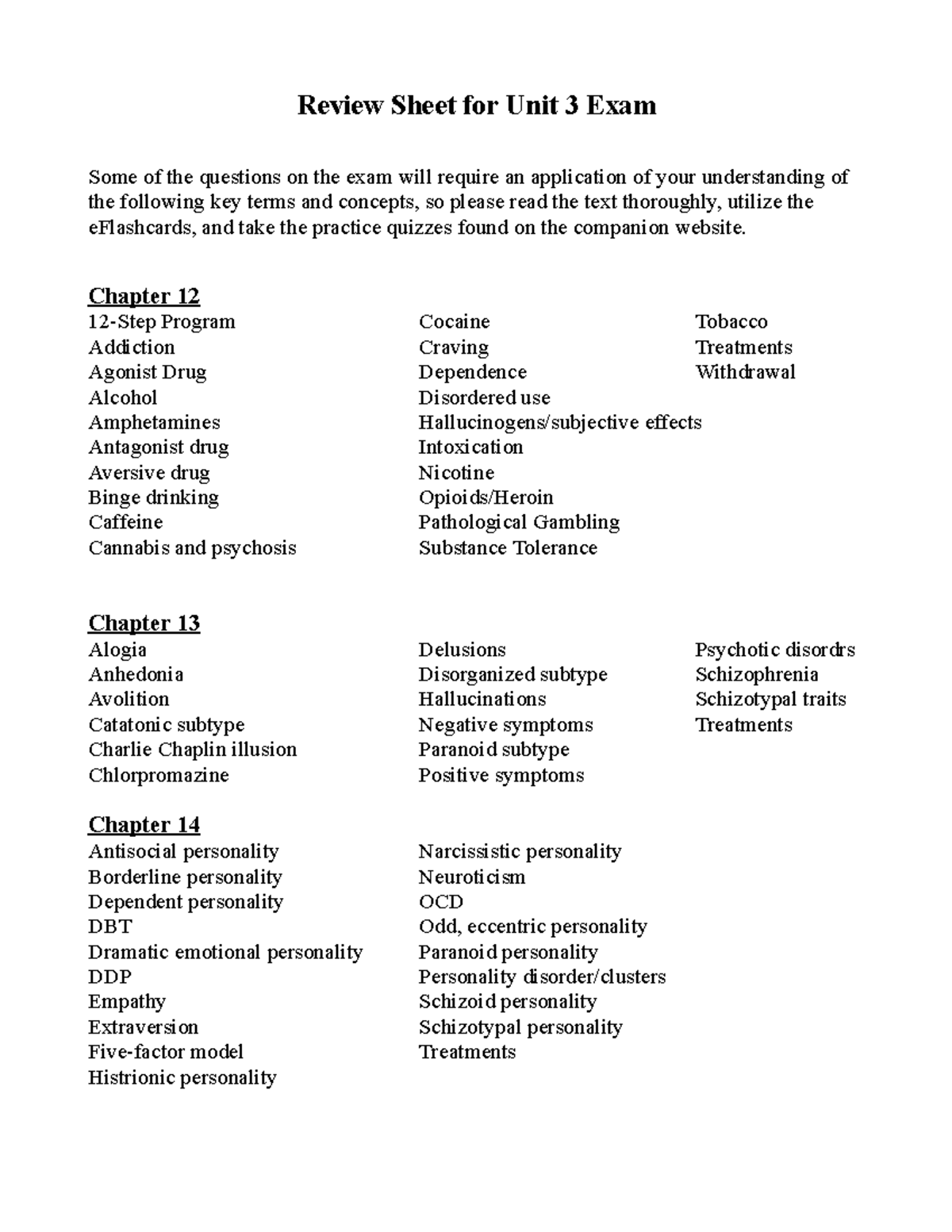 Unit 3 Exam Review Sheet - Review Sheet for Unit 3 Exam Some of the ...