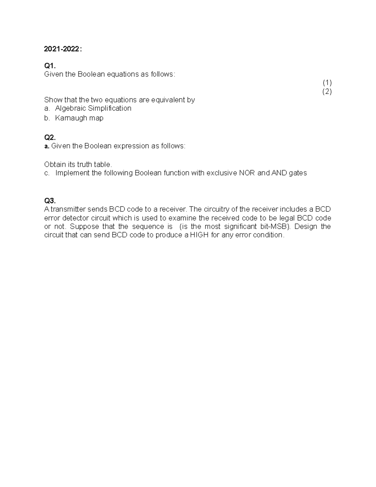 Revised Exercise-Midcollection - 2021-2022: Q1. Given the Boolean equations as follows: (1) (2 ...